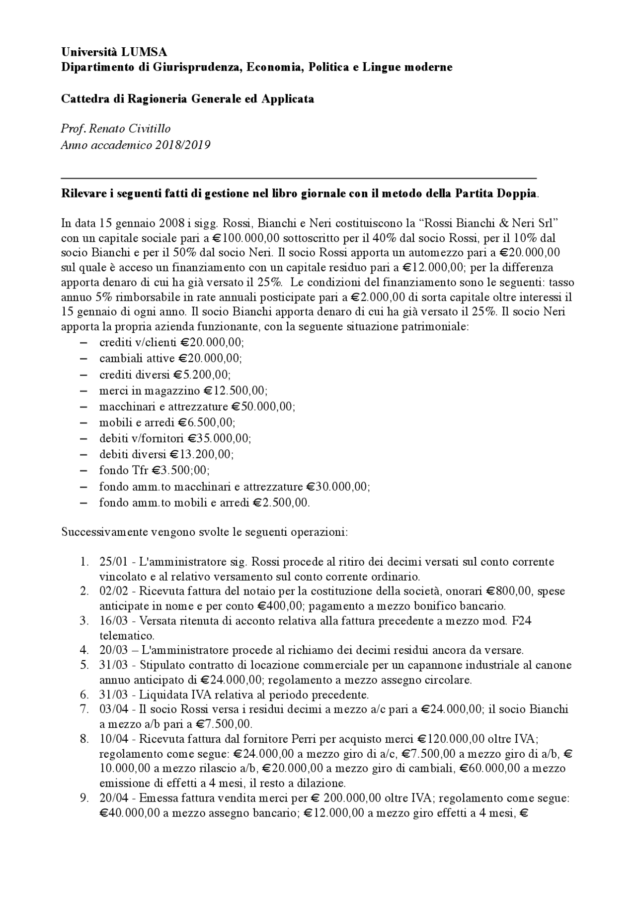 Esercizio di partita doppia | Esercizi di Ragioneria | Docsity