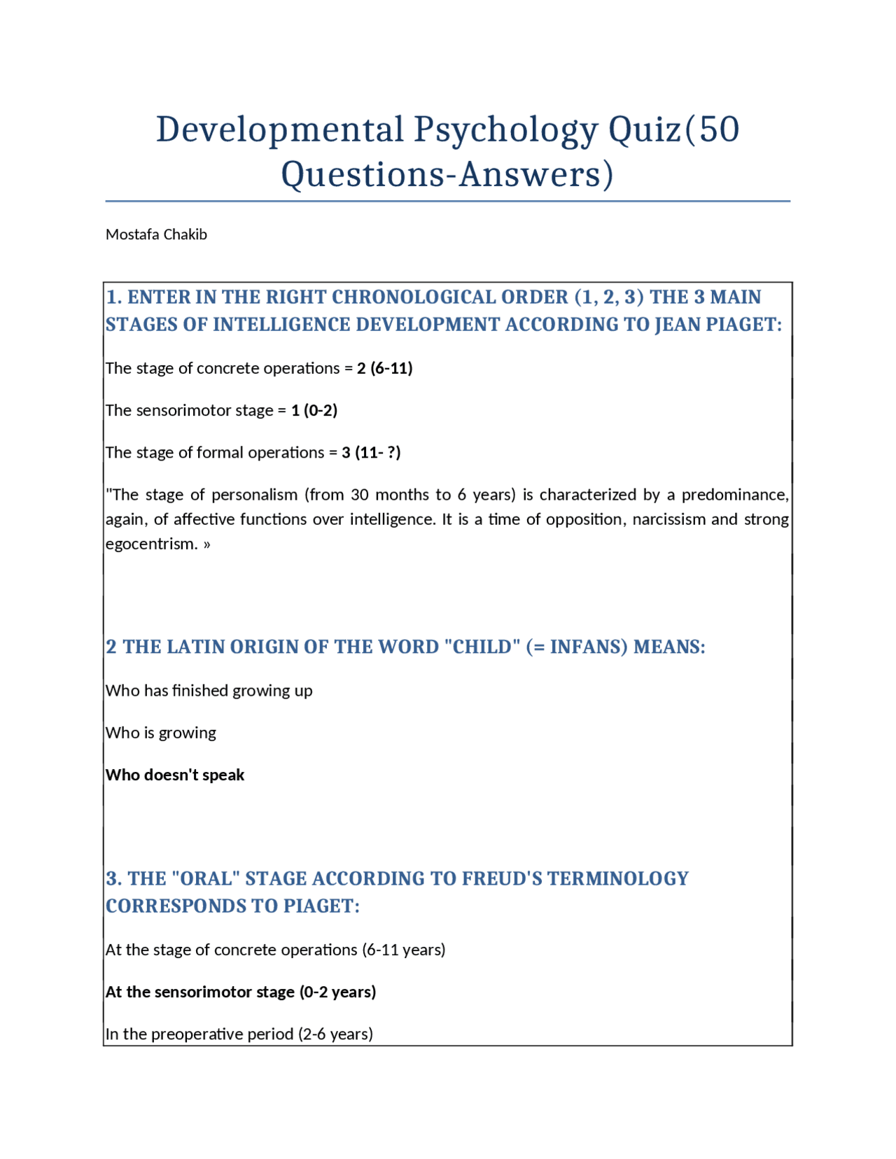 Developmental Psychology Quiz Quizzes Psychology Docsity