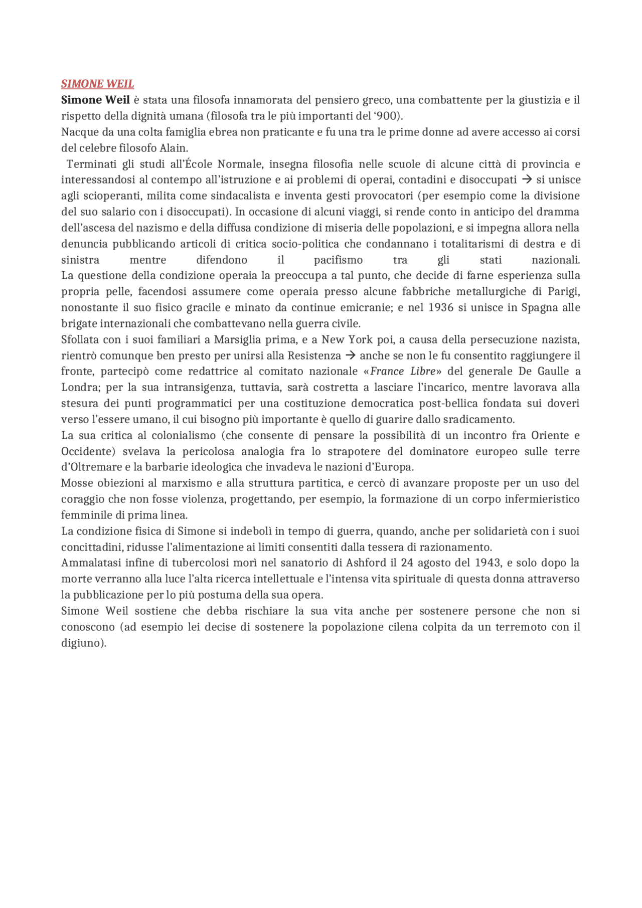Appunti Lezione Su Simone Weil Appunti Di Pedagogia Docsity