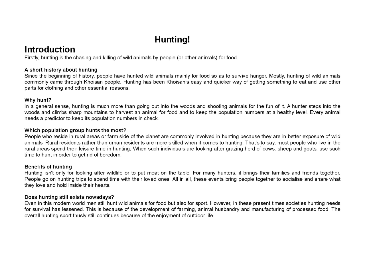 Benefits From Hunting Summaries English Language Docsity