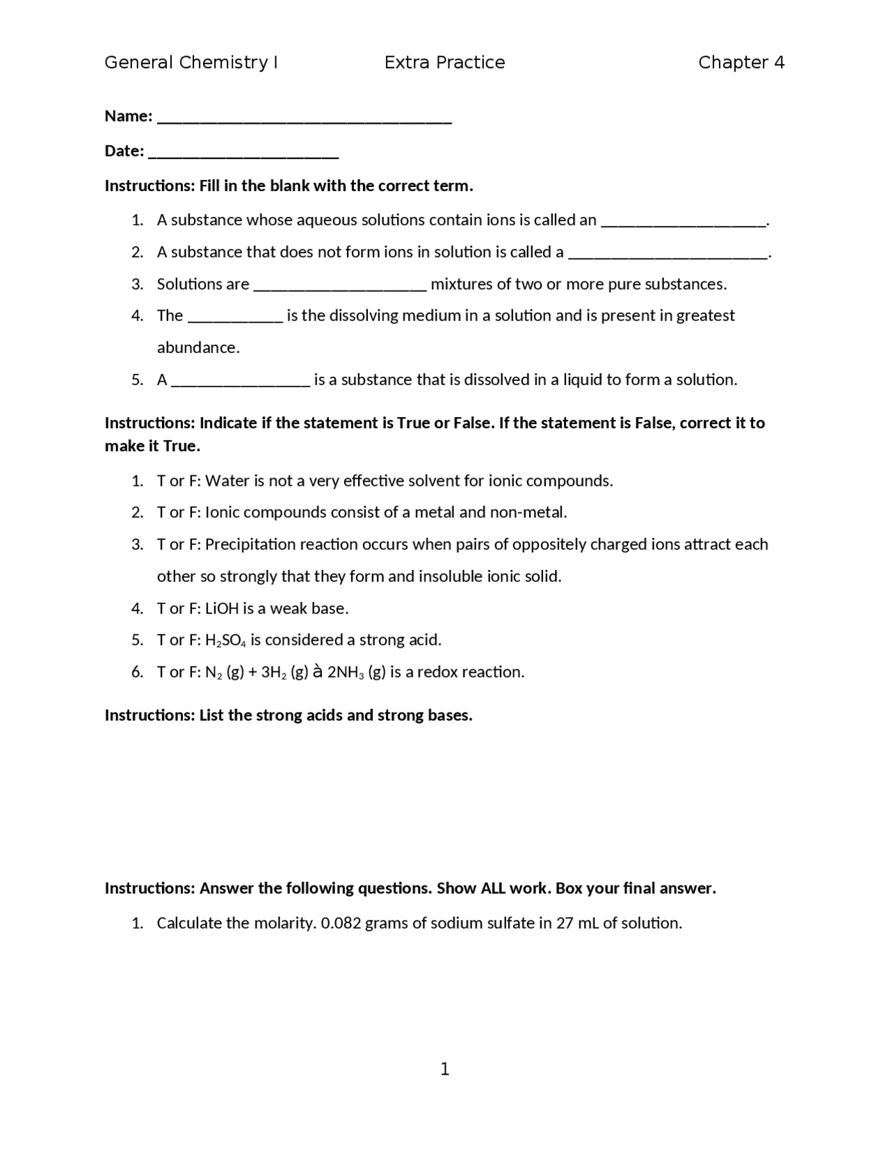 Chemistry 1201 extra practice | Exercises Chemistry | Docsity
