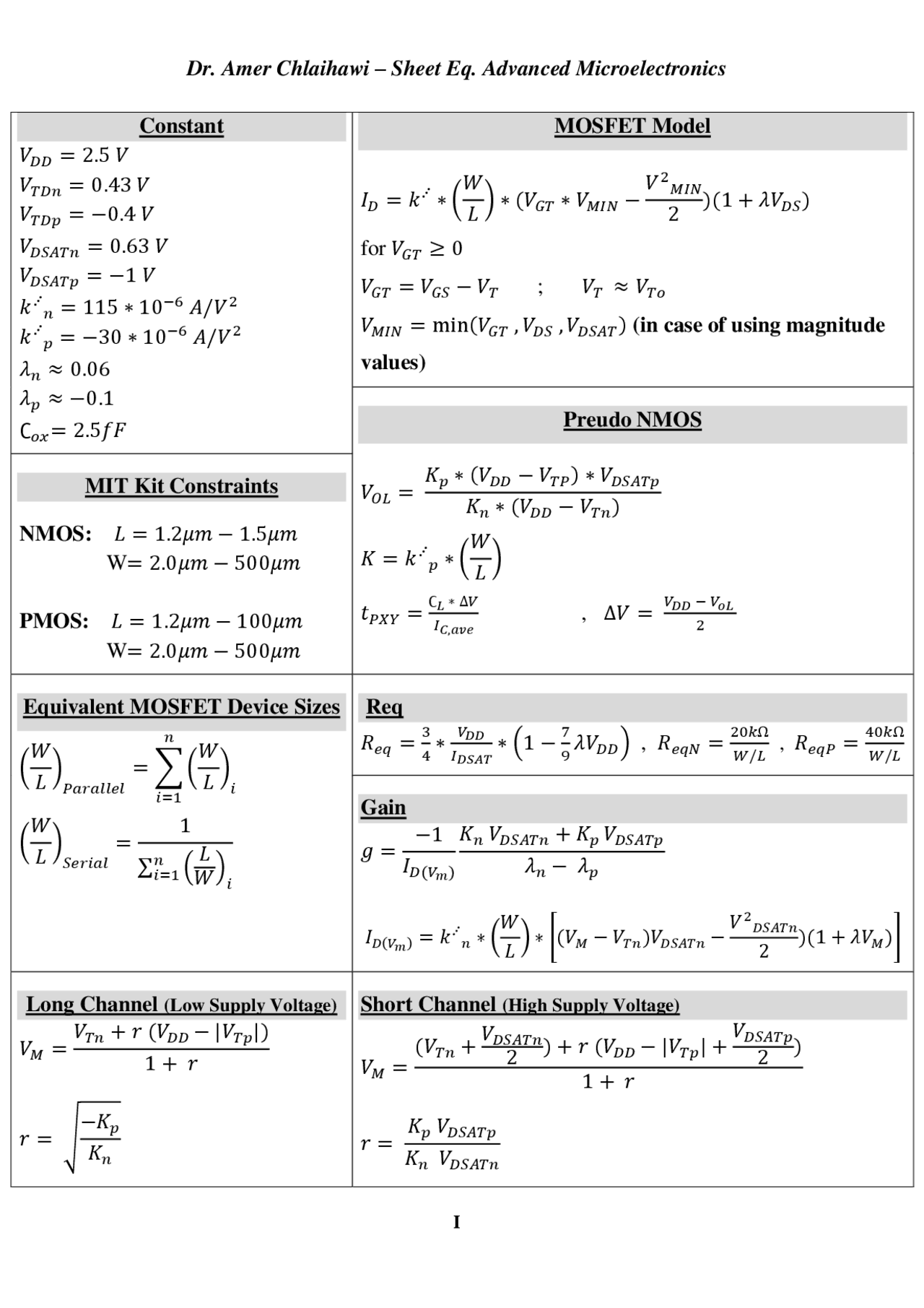 MicroElectronics useful formula | Notas de aula Design Experimental | Docsity