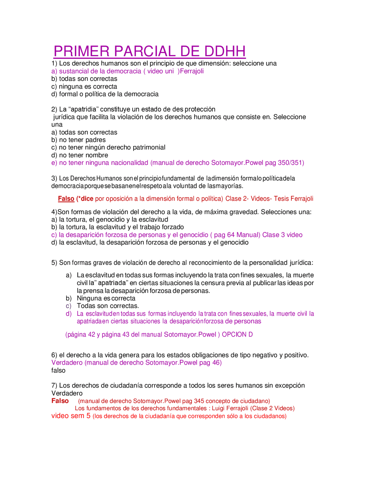 Preguntas Primer Parcial | Exámenes de Derechos Humanos | Docsity