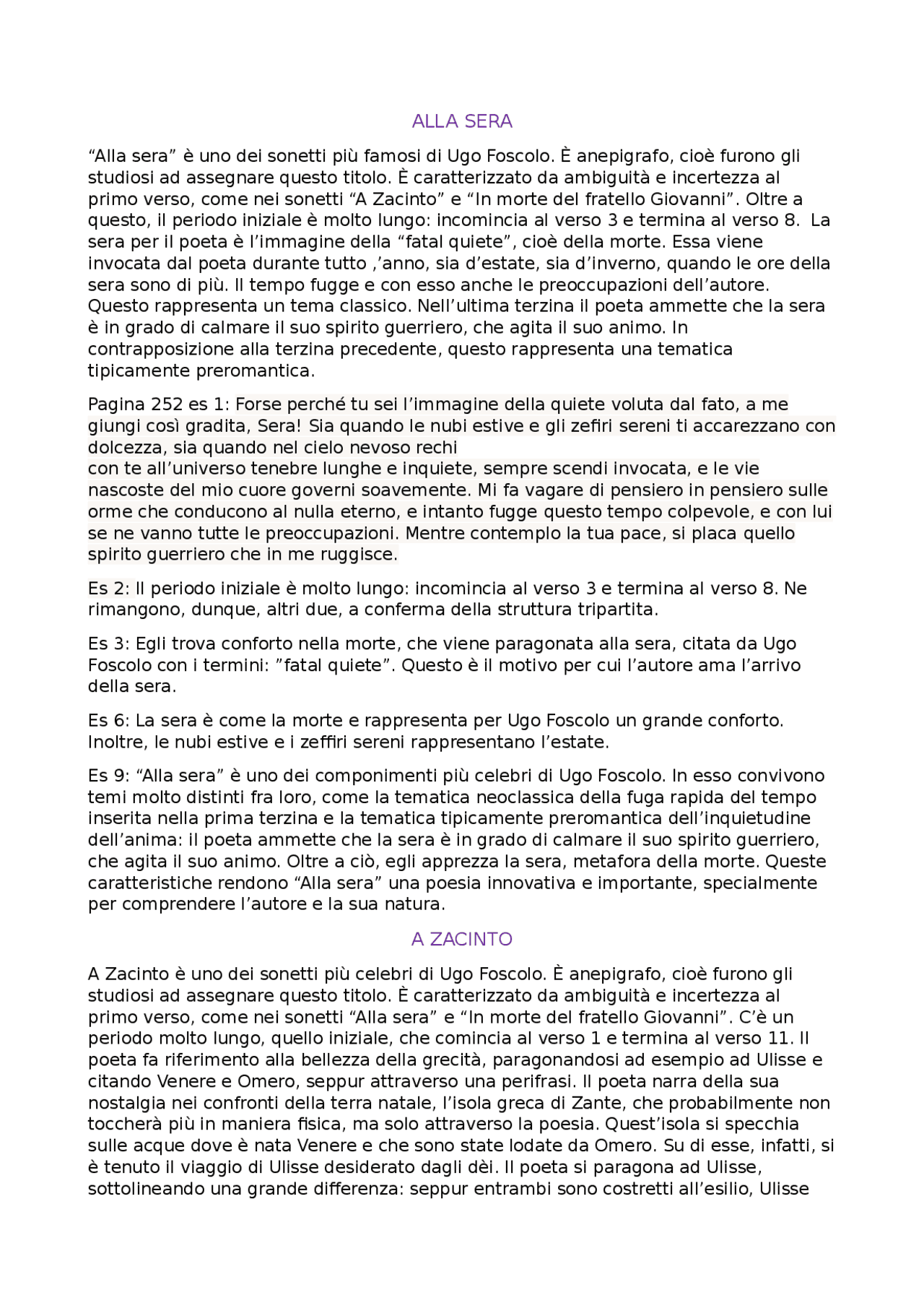 Riassunto e esercizi "Alla sera", "Alla morte del fratello Giovanni ...