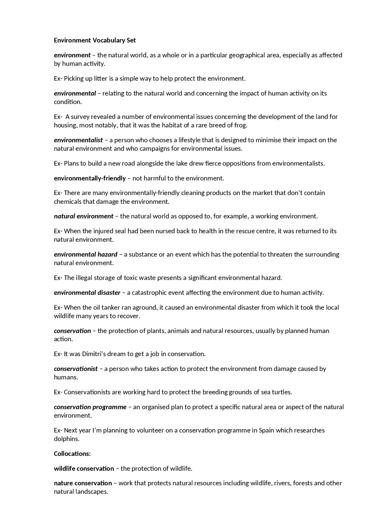 Vocabulary.Topic Environment | перевод Английский | Docsity