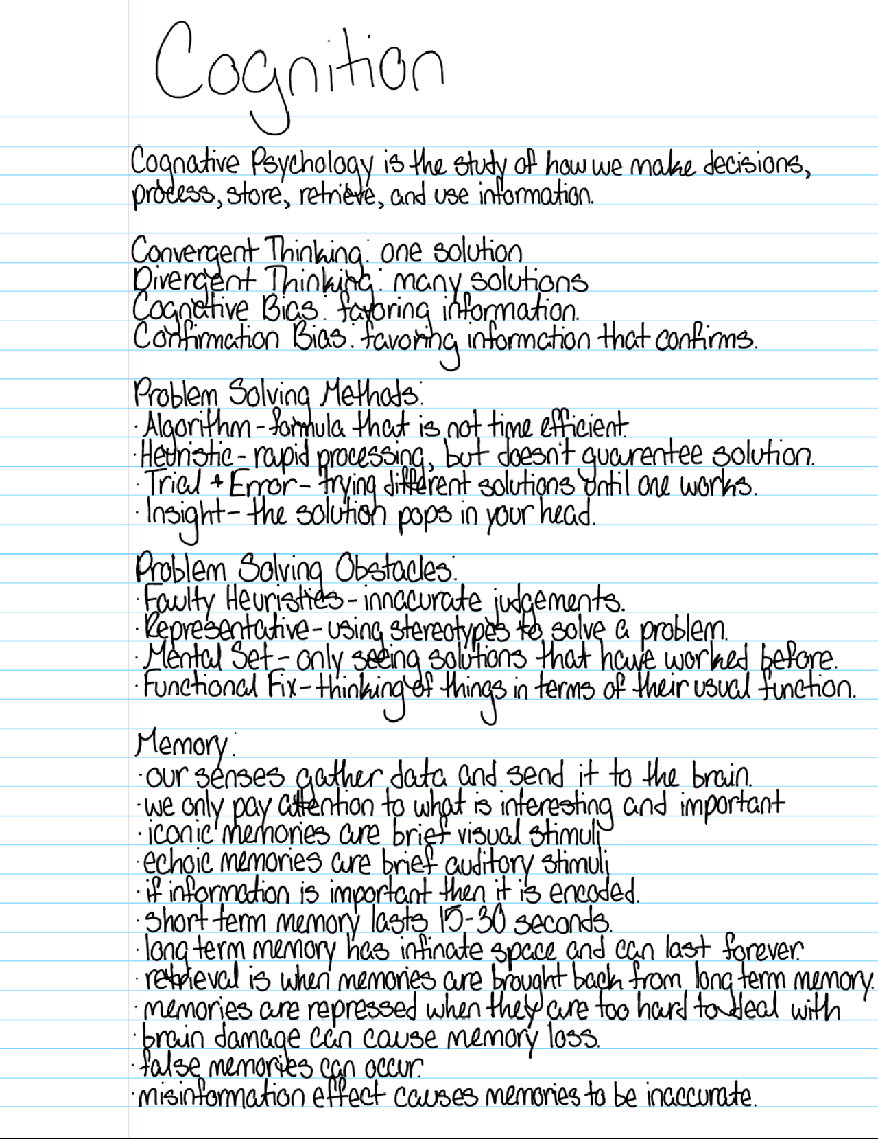 Psychology 1 Cognition Notes Lecture Notes Psychology Docsity
