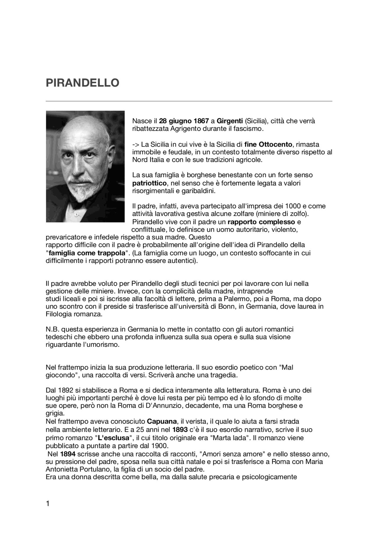 La vita di Luigi Pirandello | Appunti di Italiano | Docsity