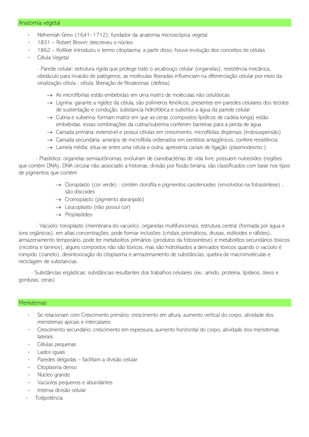 Resumo sobre Anatomia Vegetal | Esquemas Biologia Vegetal | Docsity