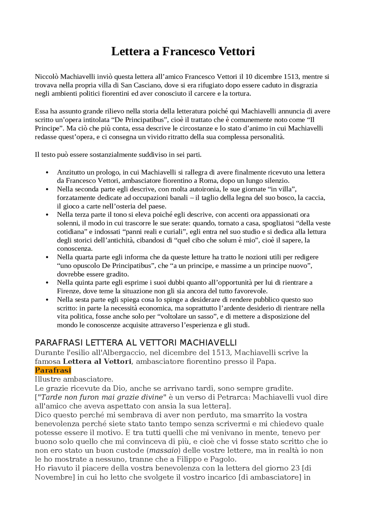 Lettera a Francesco Vettori (Niccolo Machiavelli) | Appunti di ...
