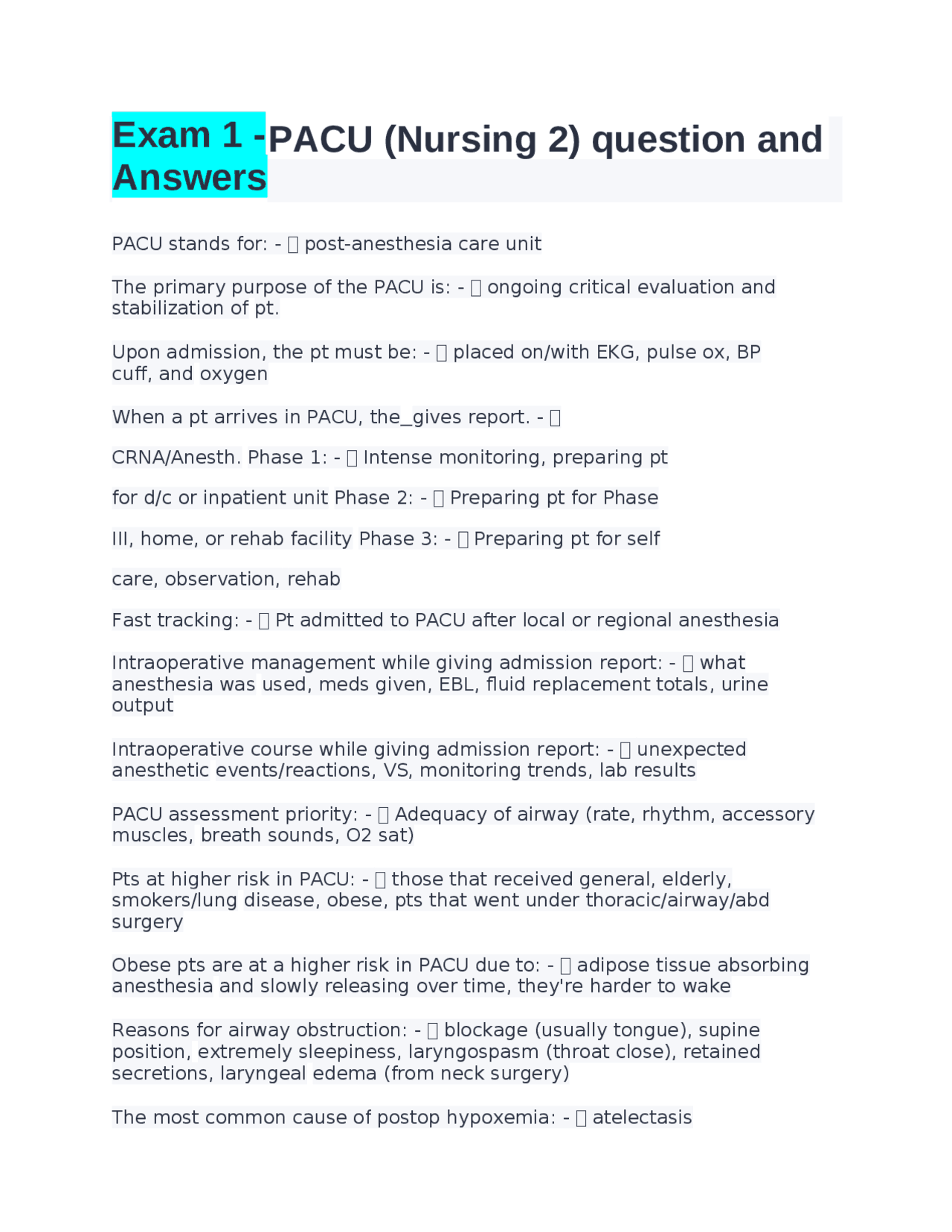 Exam 1 - PACU (Nursing 2) question and Answers (1) | Exams Nursing ...