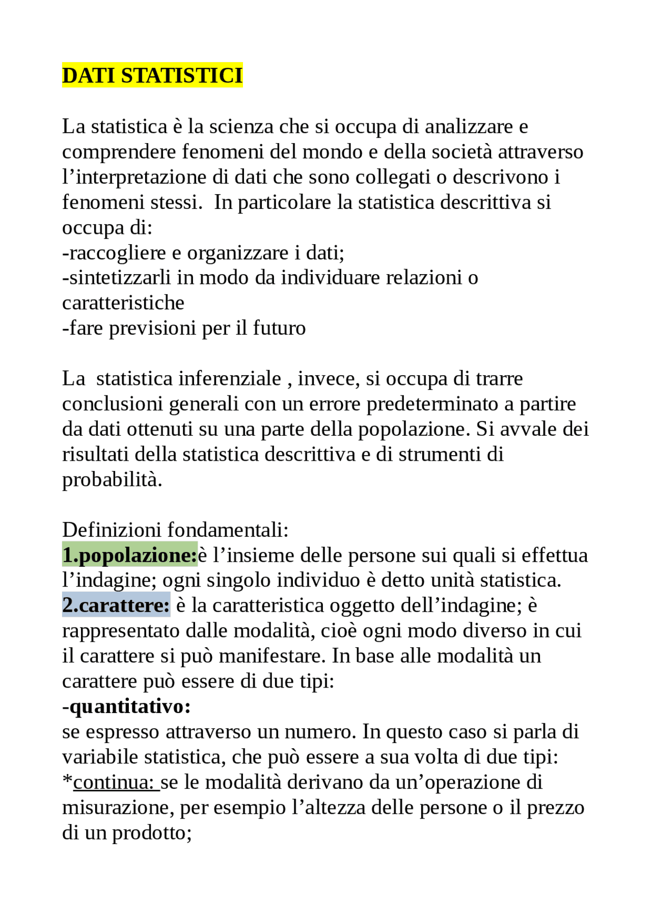Dati statistici e definizioni fondamentali | Schemi e mappe concettuali di Statistica | Docsity