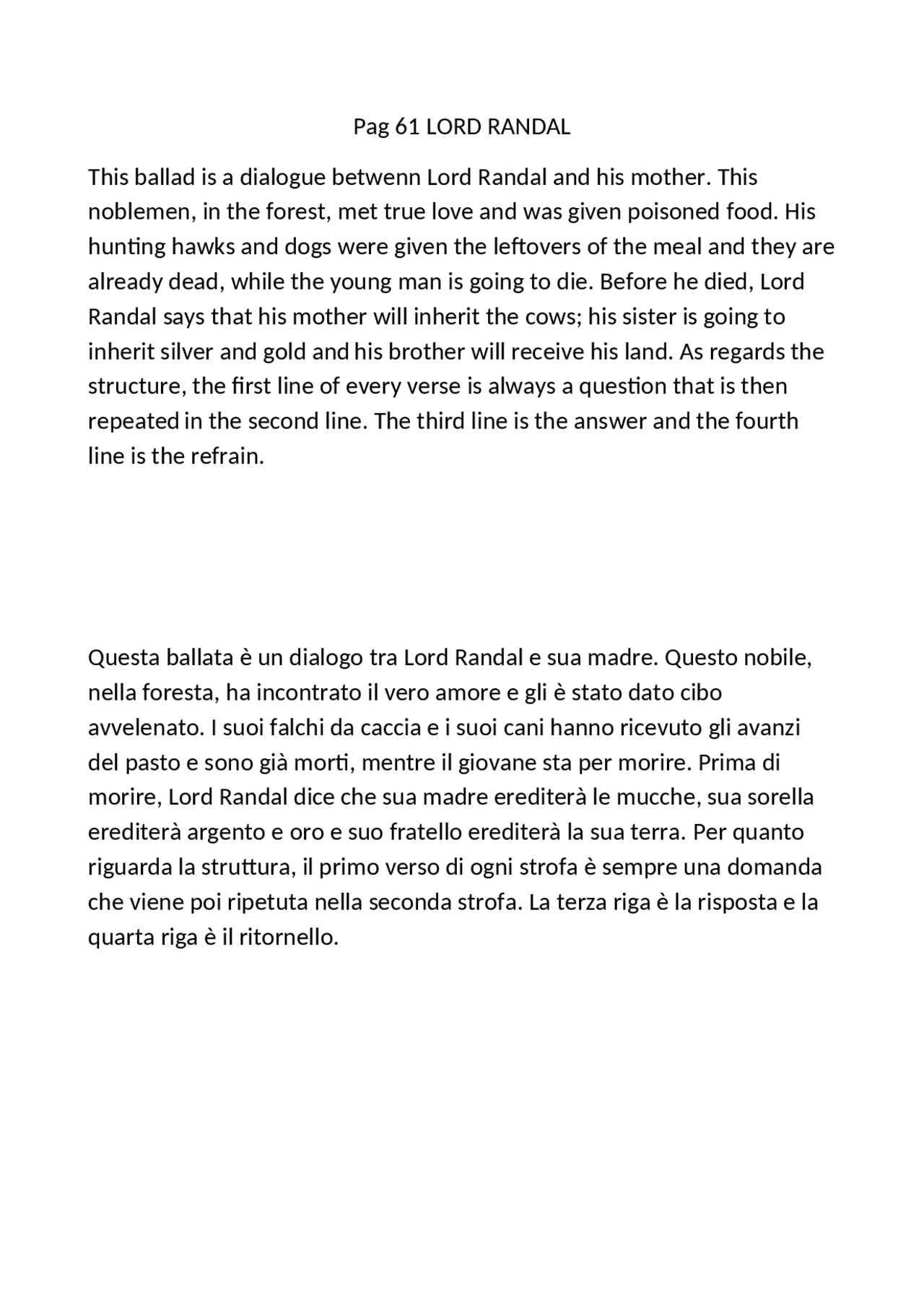 Lord randal inglese. | Appunti di Inglese | Docsity