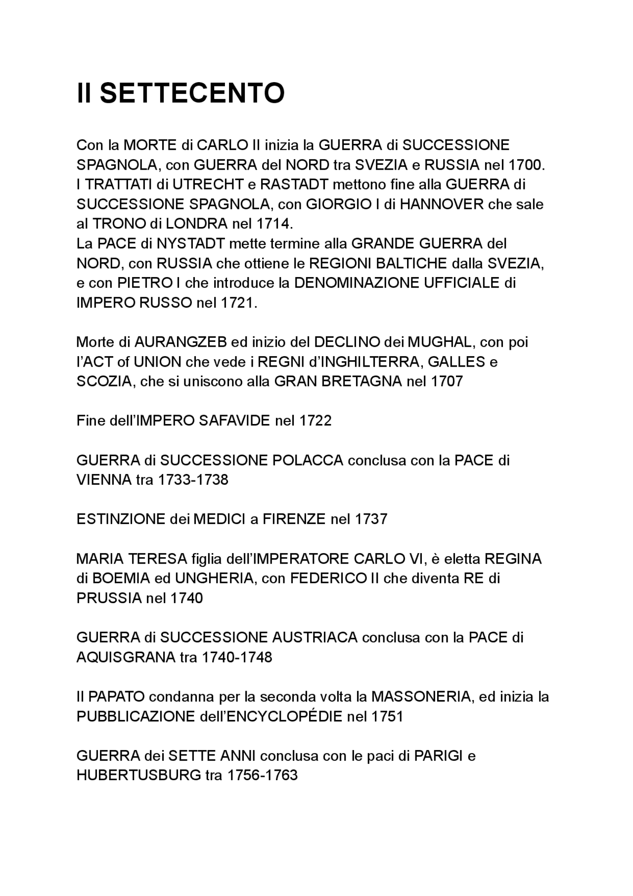 Date&Cronologia - IL SETTECENTO | Schemi e mappe concettuali di Storia Moderna | Docsity