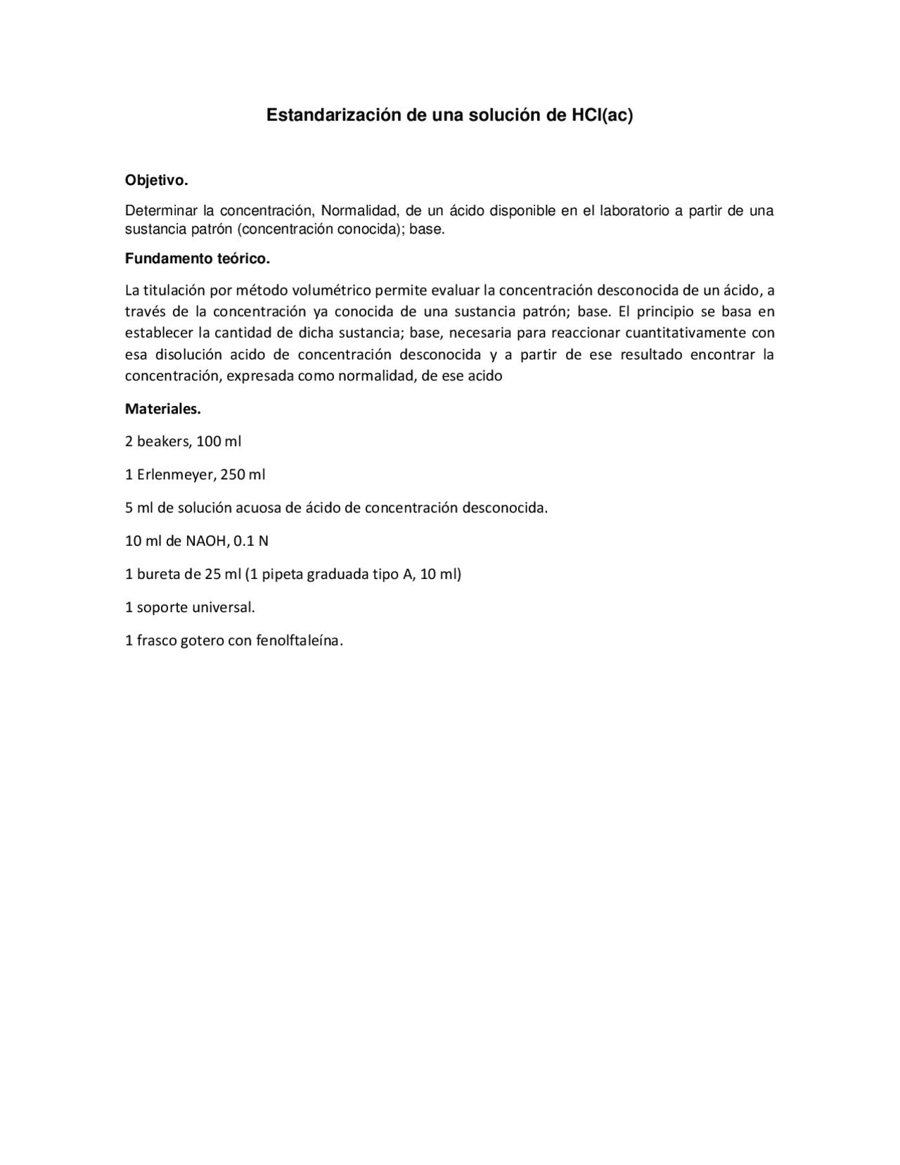 Taller de estandarizacion de hcl | Ejercicios de Química Industrial | Docsity