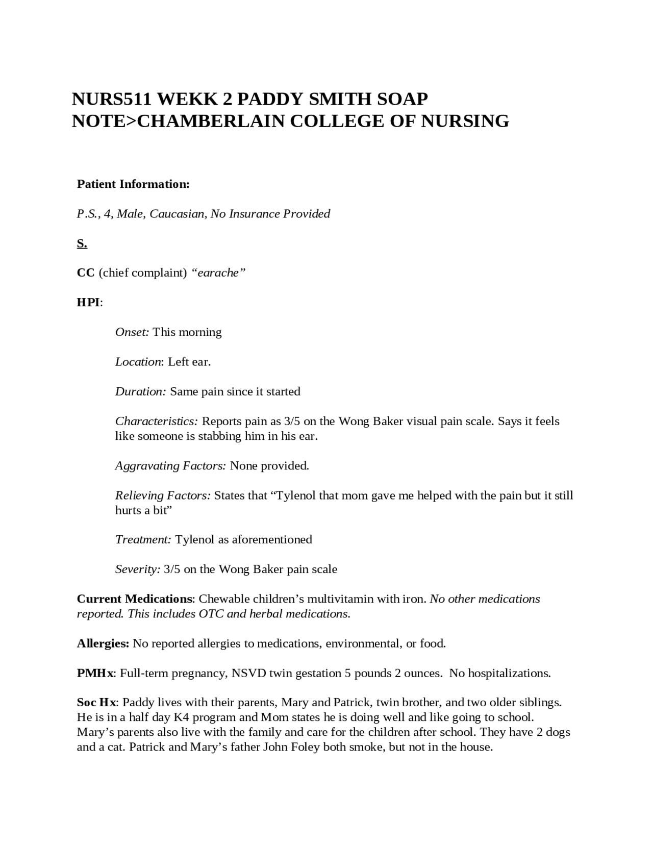 NURS511 WEKK 2 PADDY SMITH SOAP NOTE>CHAMBERLAIN COLLEGE OF NURSING ...