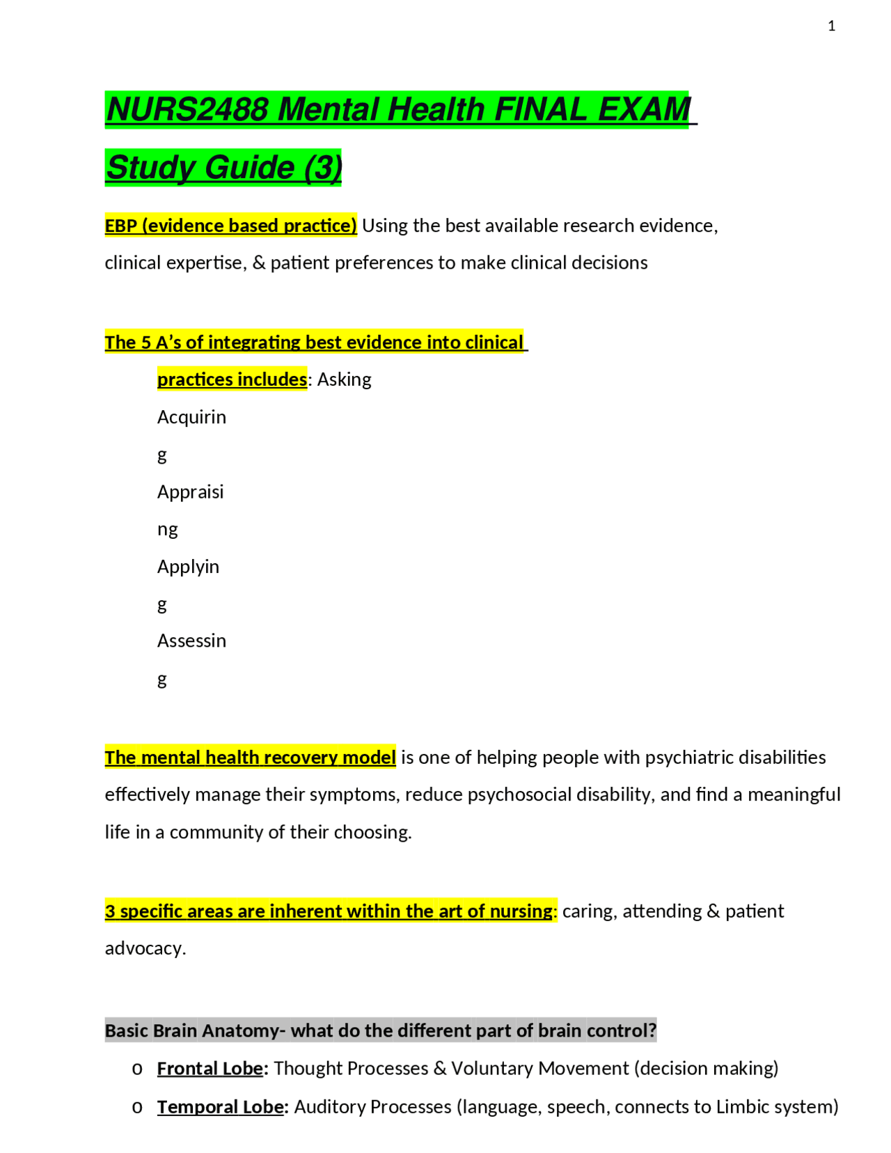 NURS2488 Mental Health FINAL EXAM Study Guide | Exams Nursing | Docsity