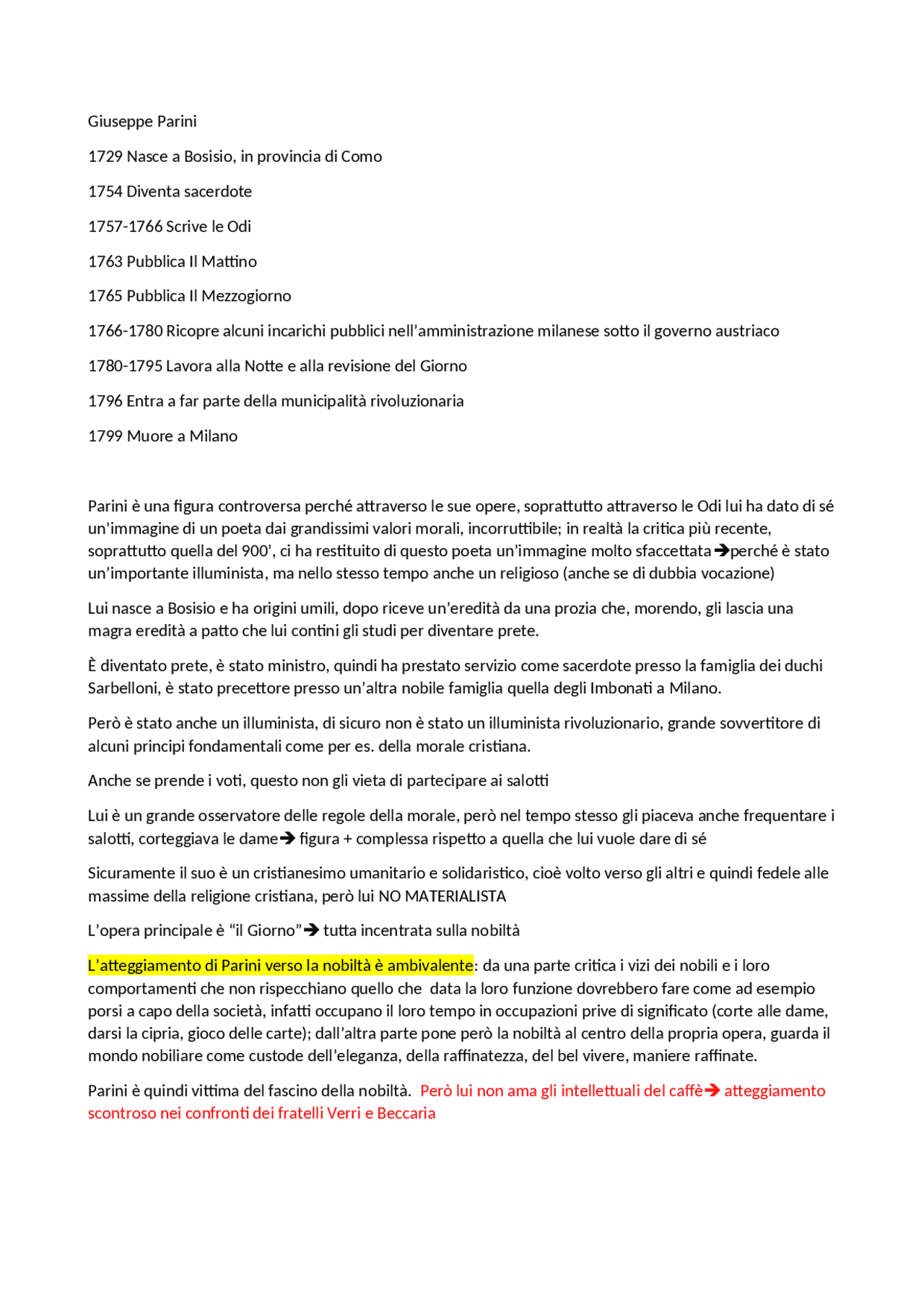 Giuseppe Parini Riassunto Scuola Superiore Appunti Di Italiano Docsity