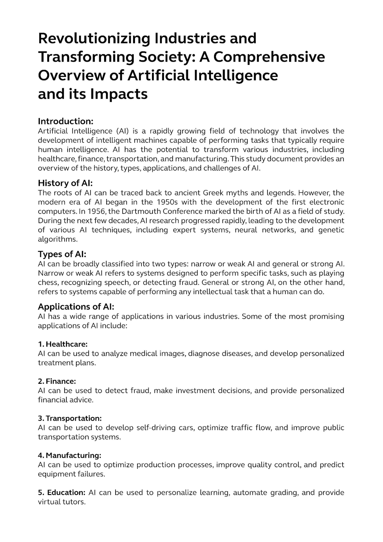 Overview of Artificial Intelligence and its Impacts | Essays (high ...