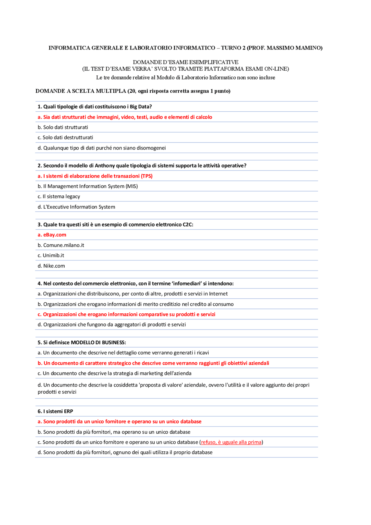 Simulazione esame Mamino | Prove d'esame di Fondamenti di informatica | Docsity