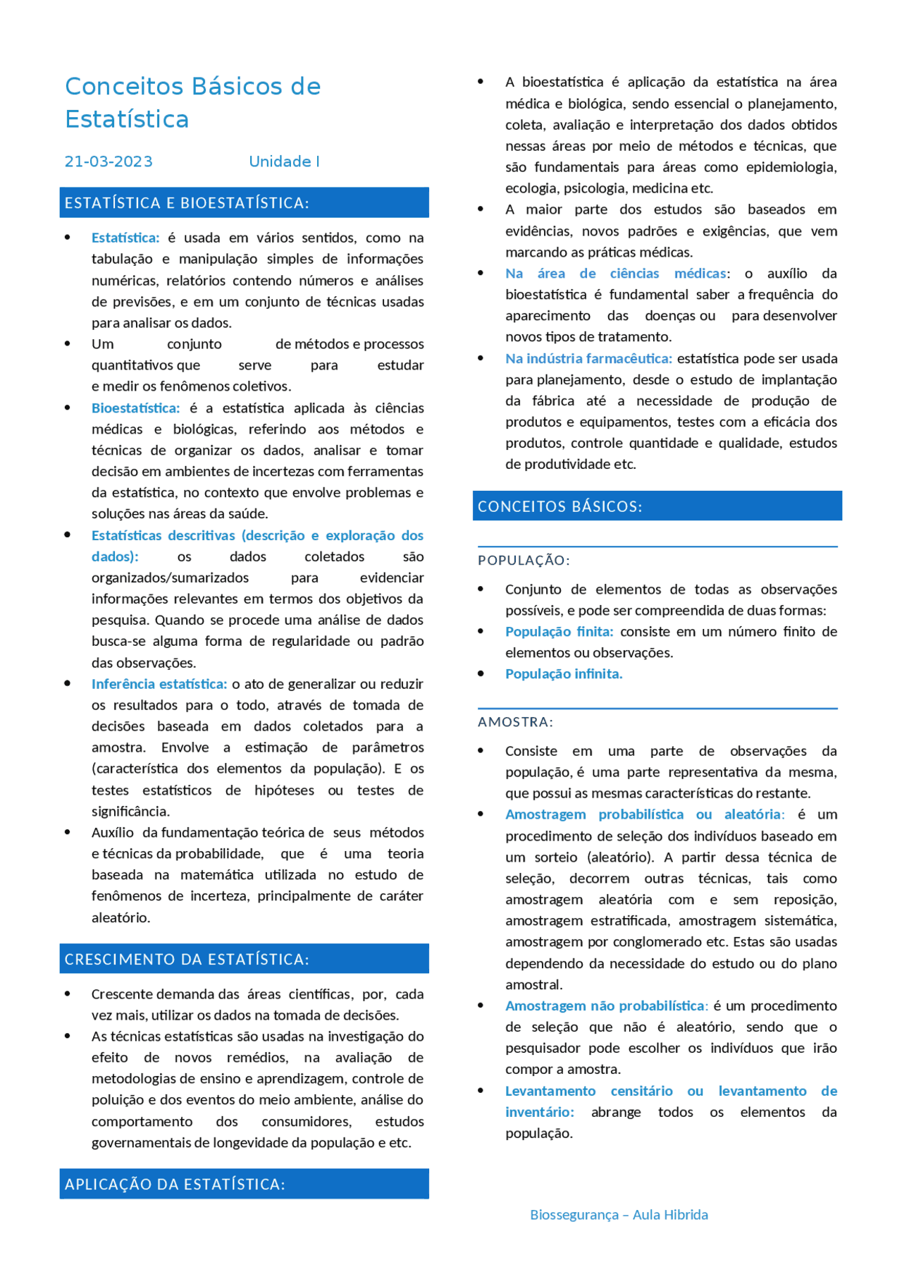 Conceitos básicos de estatística | Resumos Bioestatística | Docsity