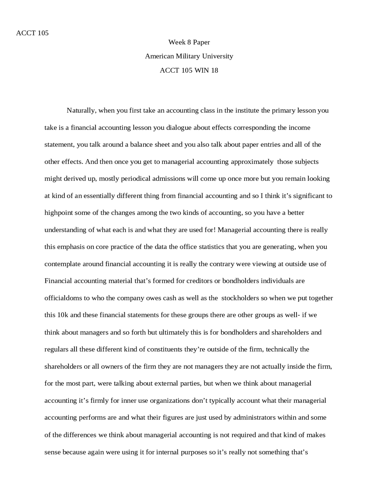 ACCT 105 Week 8 Paper American Military University ACCT 105 WIN 18 ...