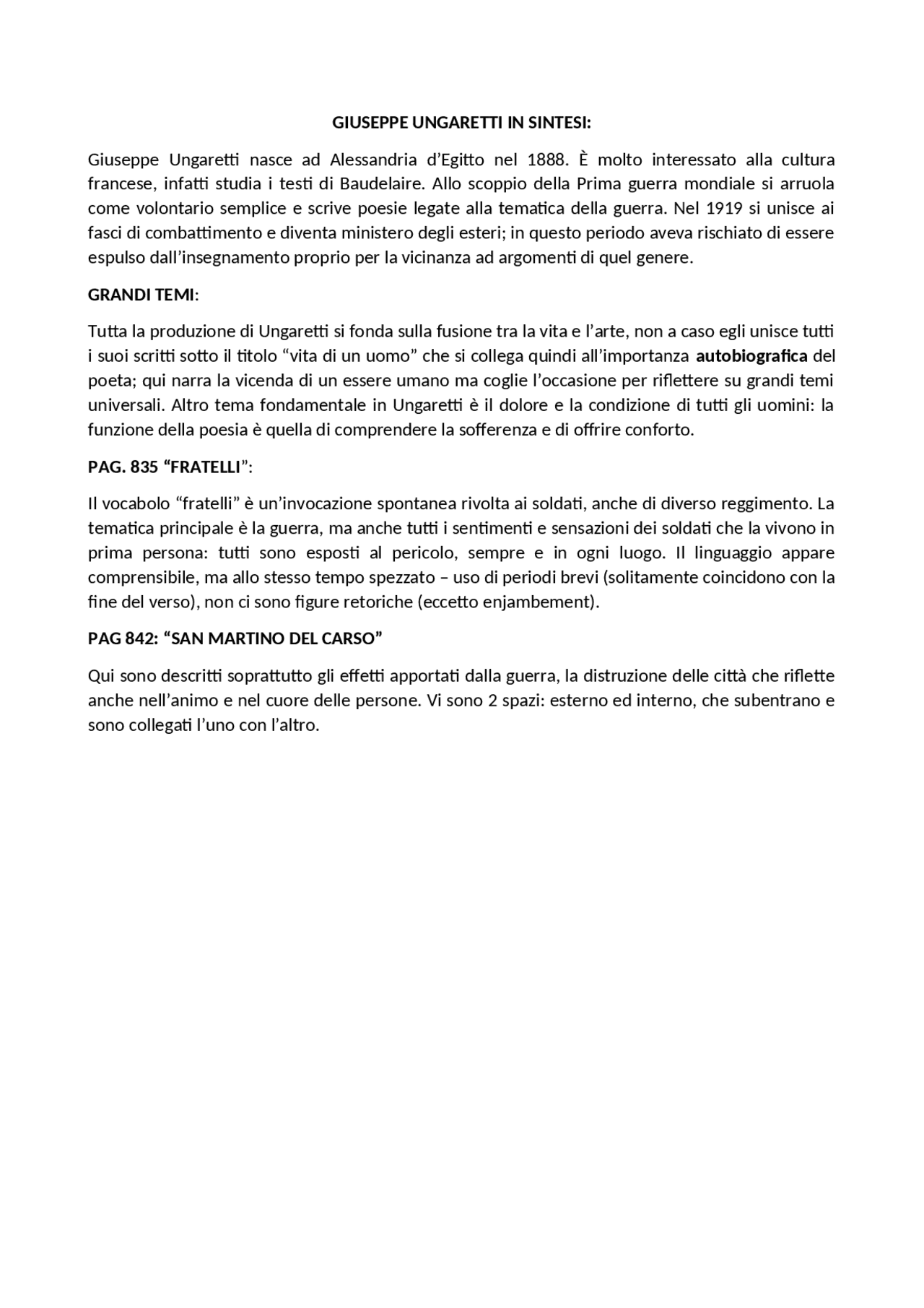 Riassunto Relativo A Giuseppe Ungaretti Lecture Notes Of Italian