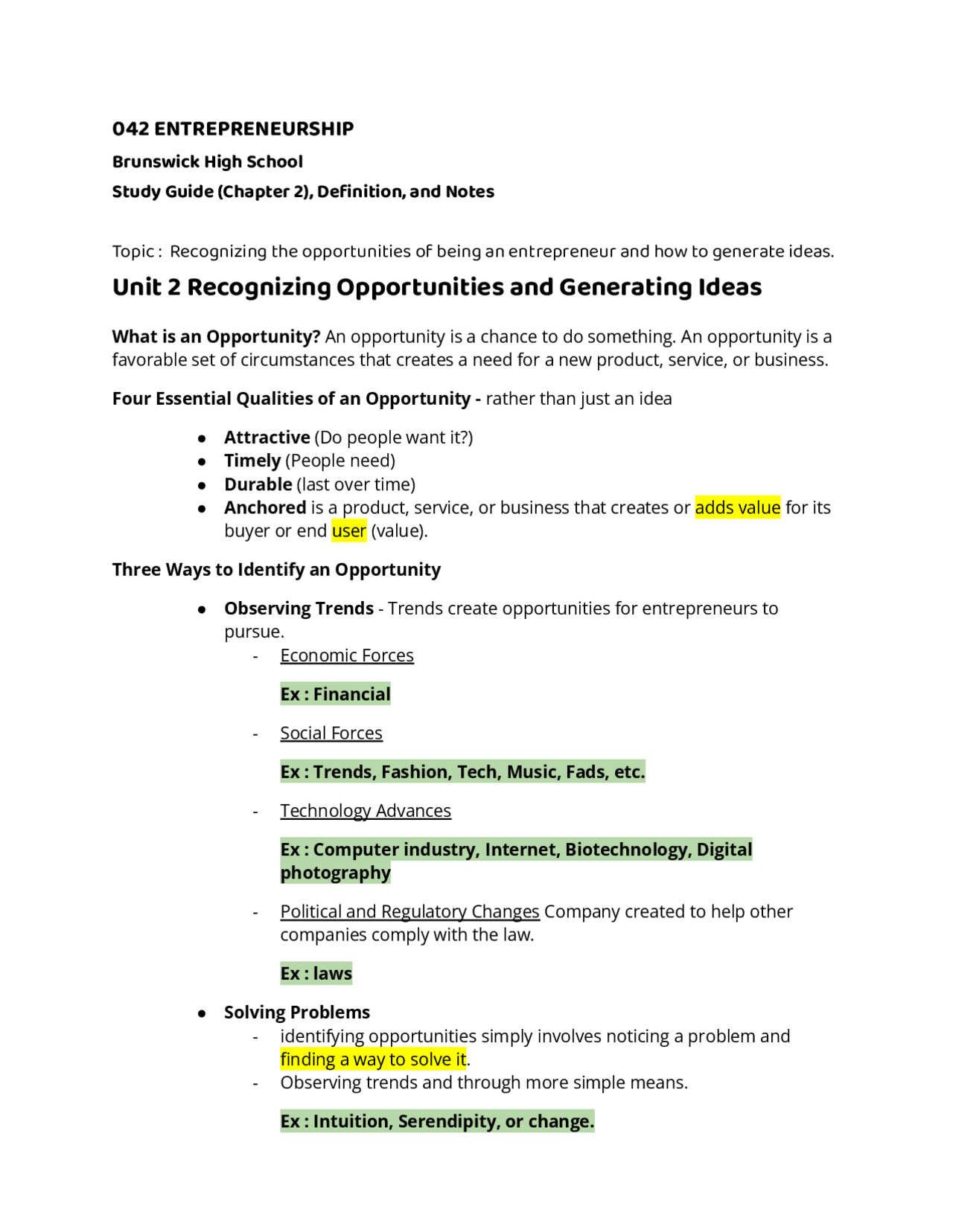 Study notes for entrepreneurship | Study notes Business | Docsity