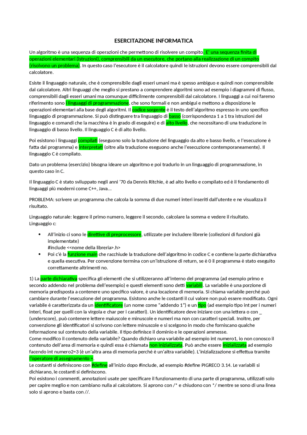 Esercitazione di informatica in C, spiegazione | Appunti di Fondamenti di informatica | Docsity