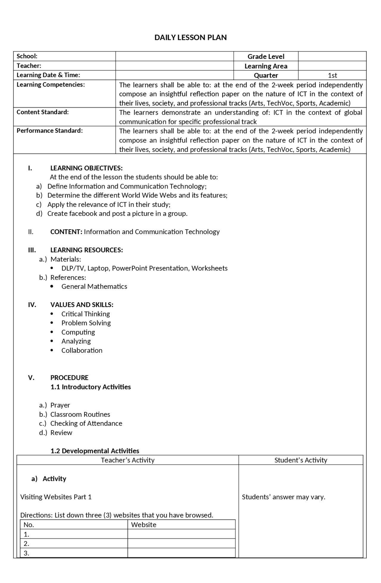 It is a Lesson Plan about empowerment technology. It is the first ...