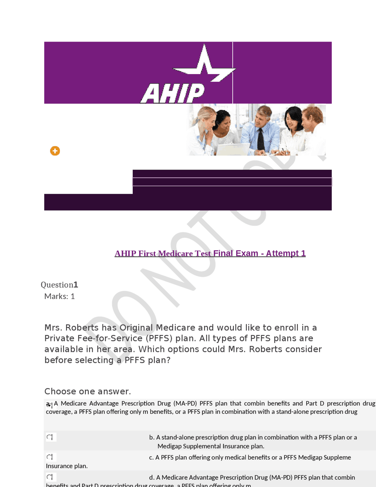 AHIP First Medicare Test Final Exam - Attempt 1 | Exams Nursing | Docsity