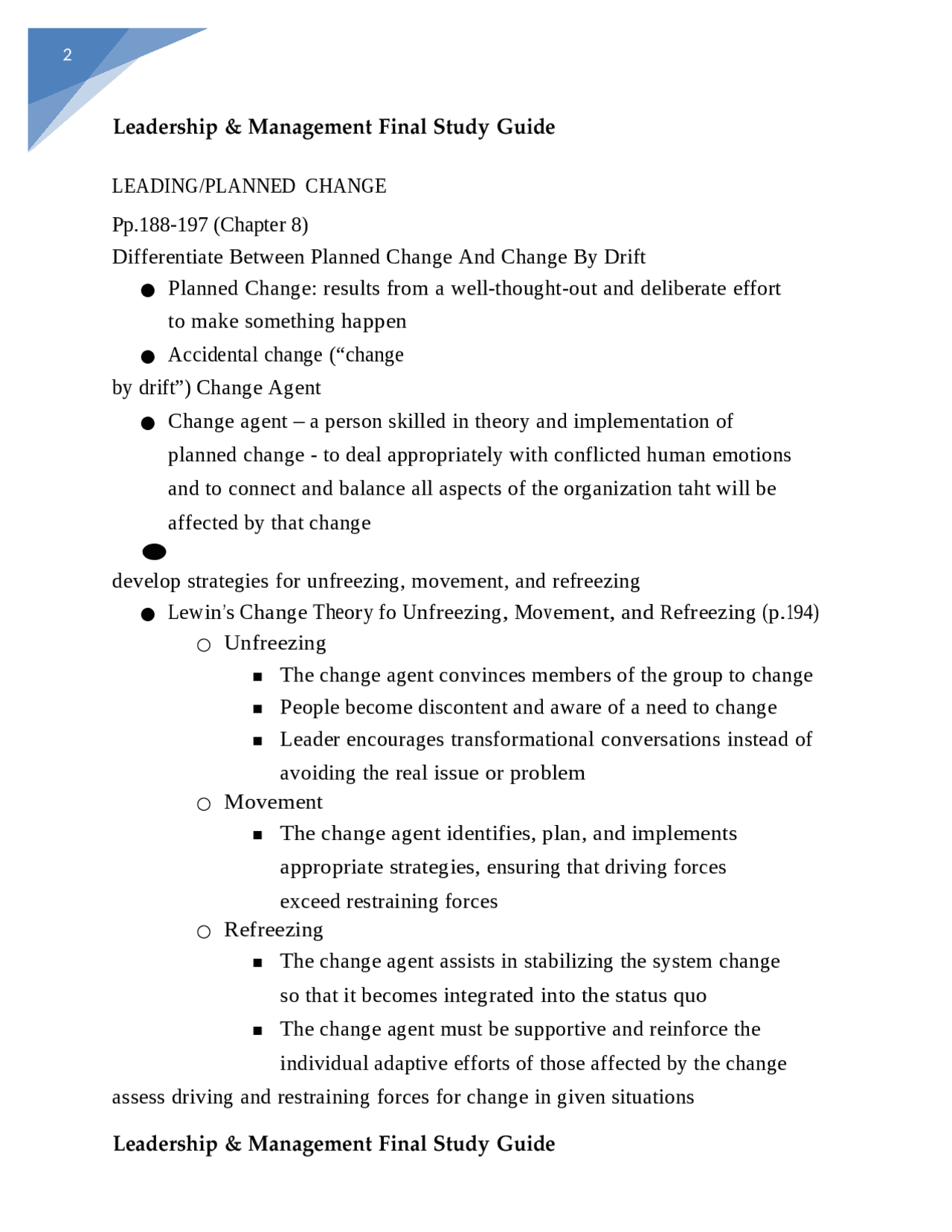 Leadership & Management Final Study Guide | Exams Nursing | Docsity