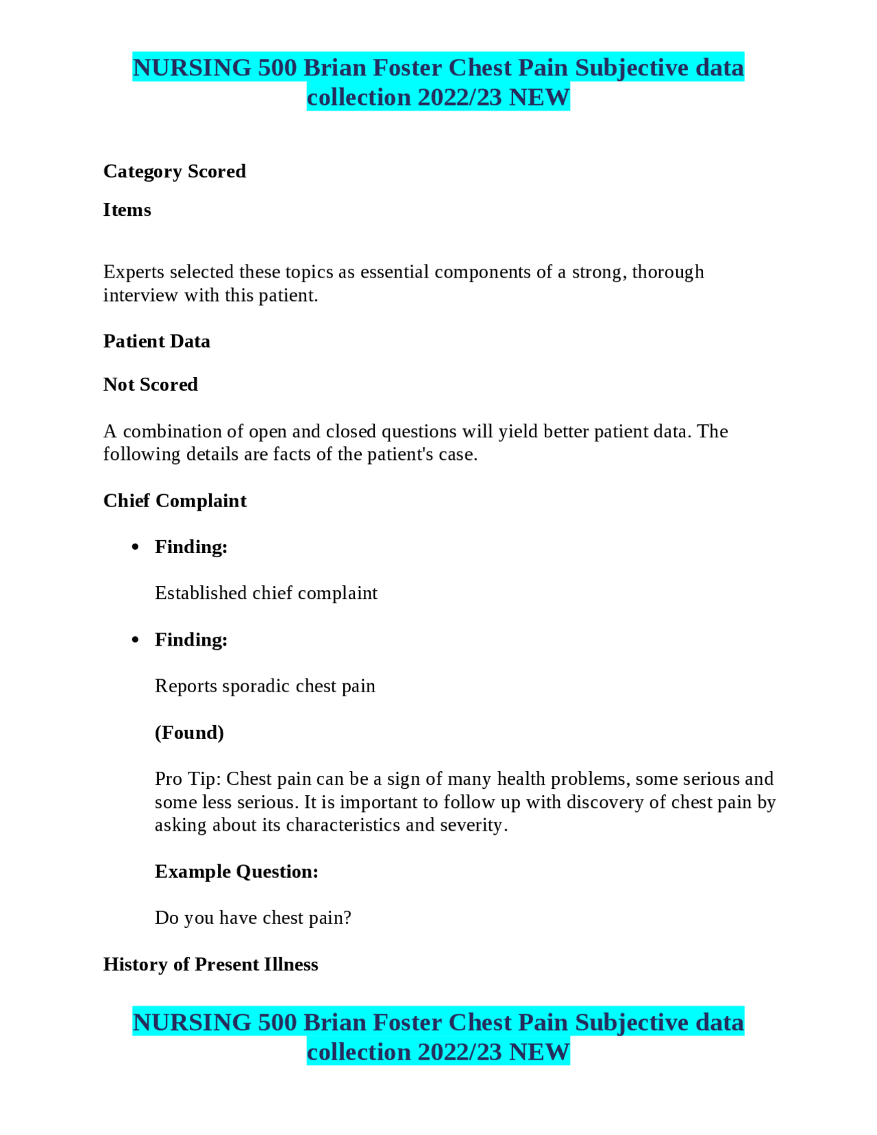 NURSING 500 Brian Foster Chest Pain Subjective data collection 2022/23 ...