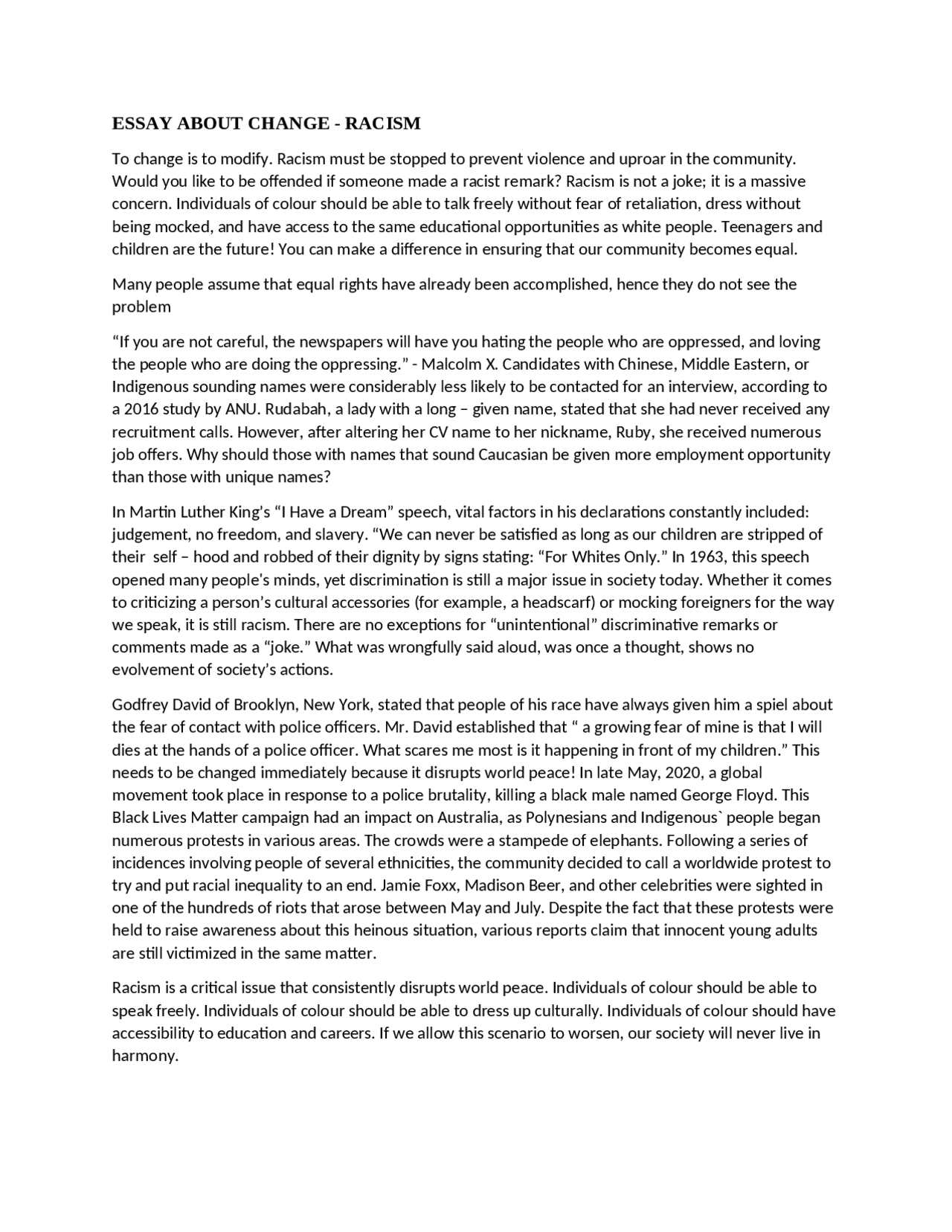 Change against Racism | Essays (high school) English | Docsity