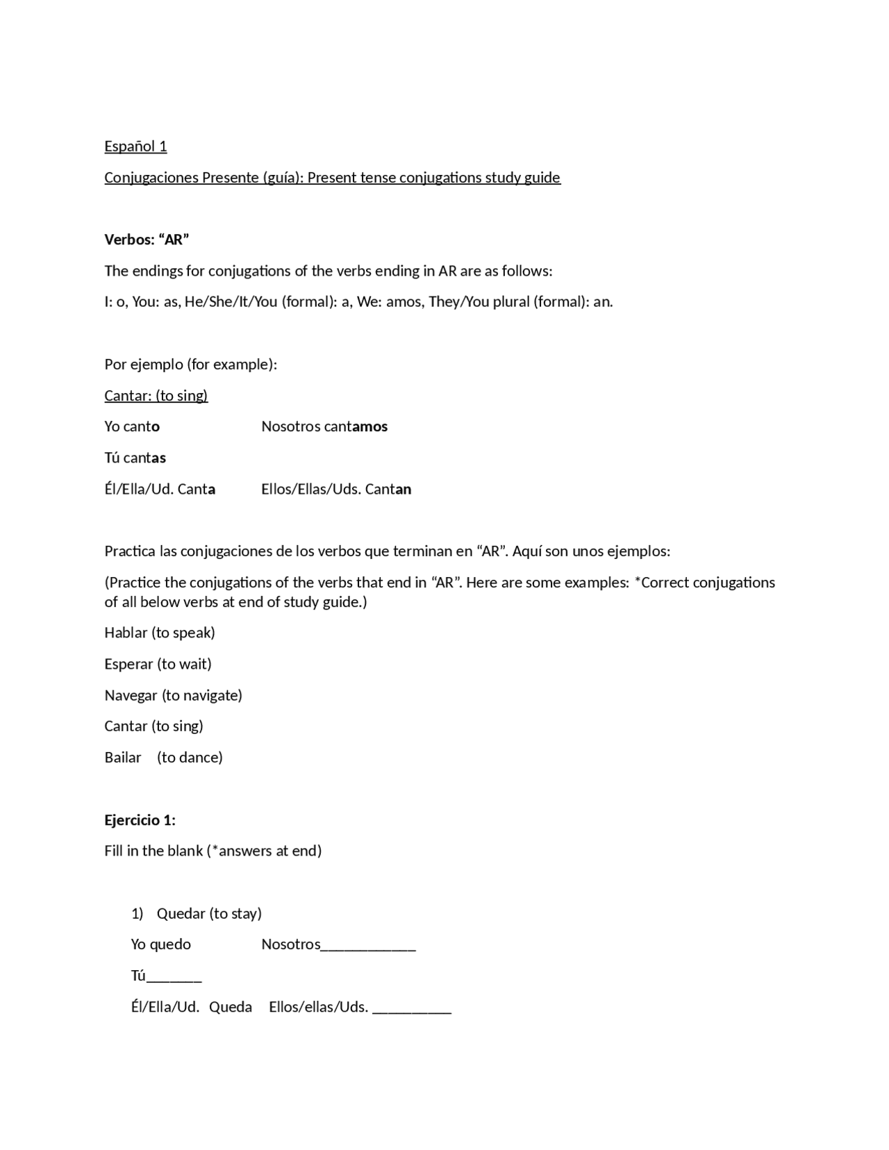 Spanish Verb Conjugations- AR ending verbs (Present Tense) | Exercises ...