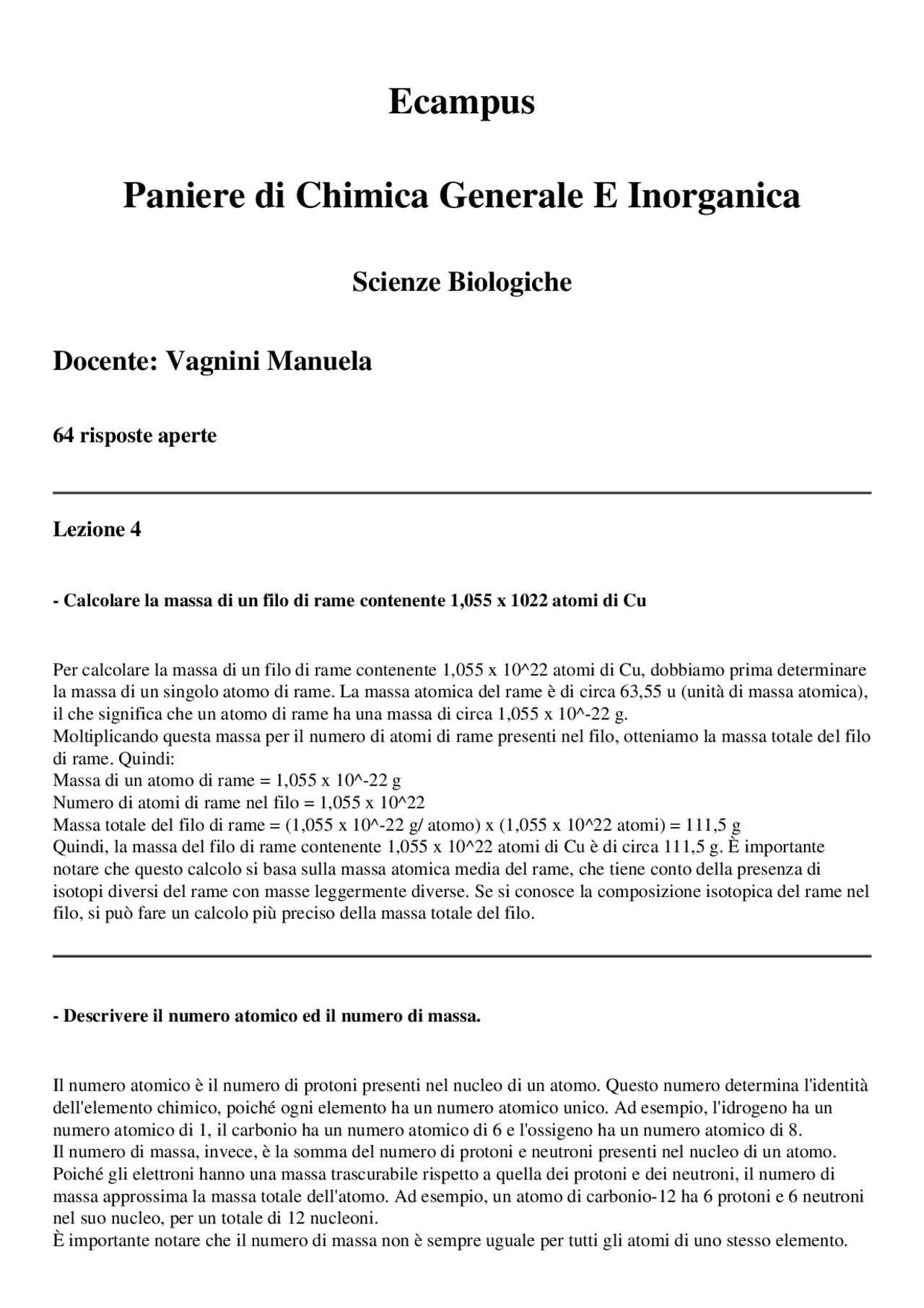 Chimica Generale E Inorganica - domande aperte con risposta | Panieri di Chimica | Docsity