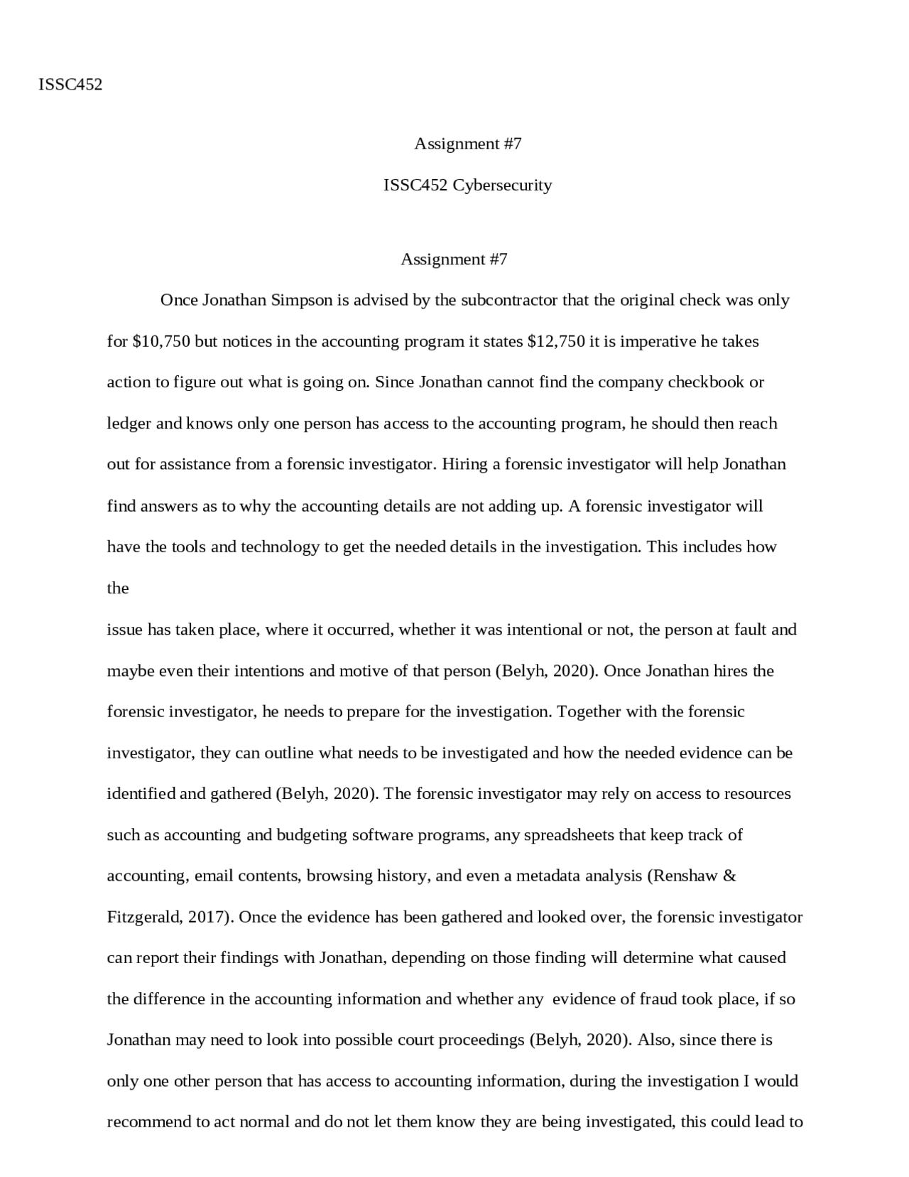 ISSC452 Assignment #7 ISSC452 Cybersecurity Assignment #7 Once Jonathan Simpson is | Essays ...