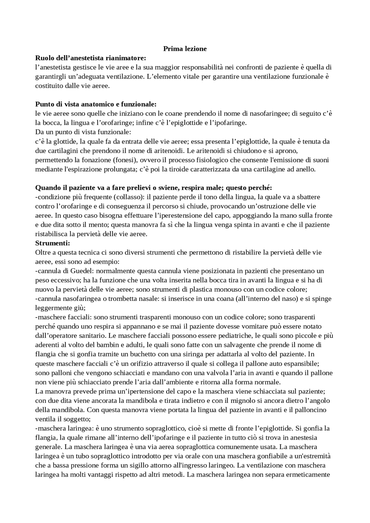 Prima Lezione Rianimazione Sbobinature Di Anestesiologia Docsity