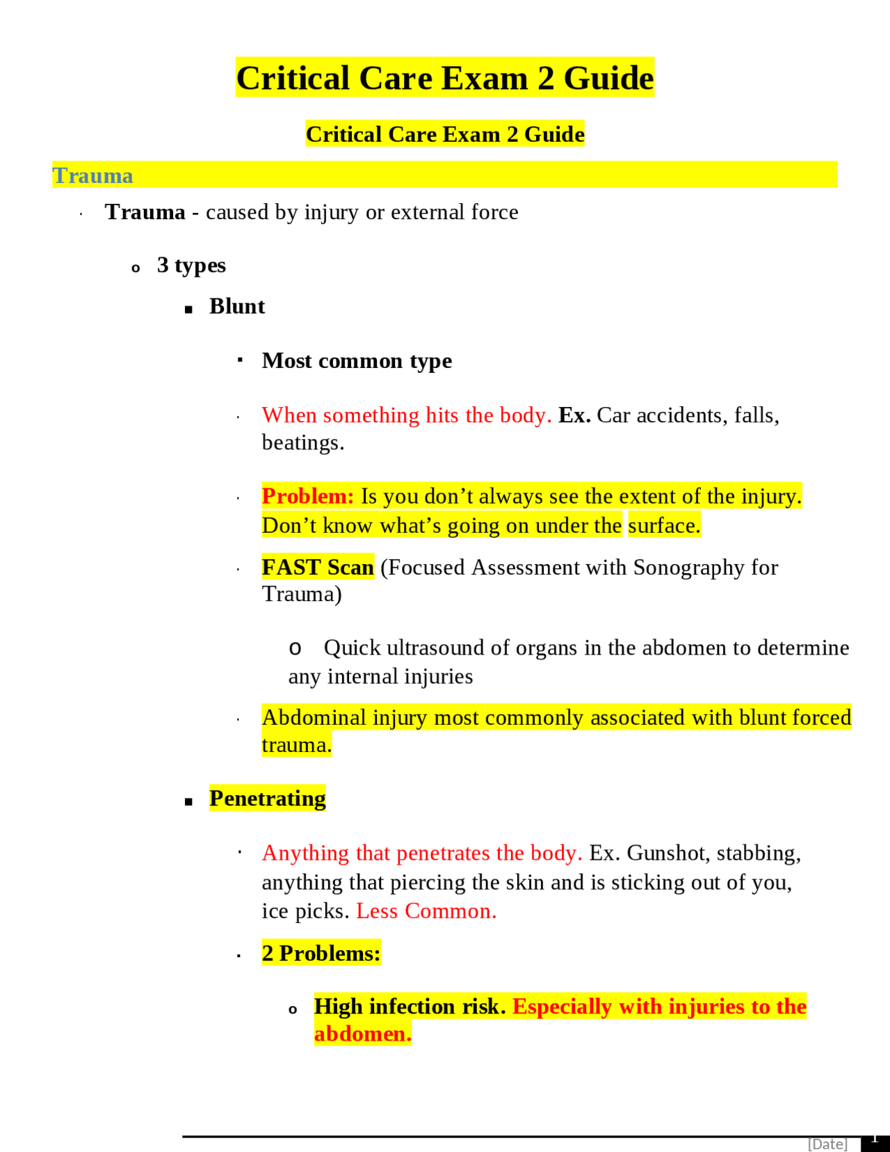 Critical Care Exam 2 Guide | Exams Nursing | Docsity