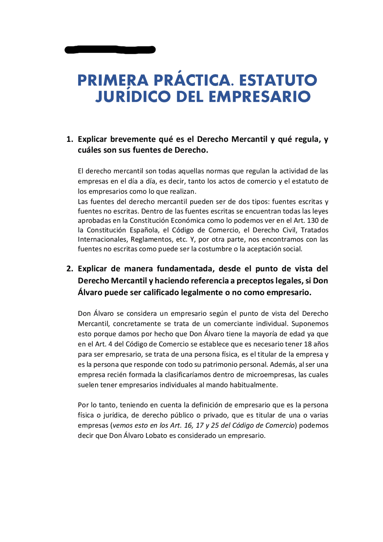 Practica primera derecho mercantil | Ejercicios de Derecho Mercantil | Docsity