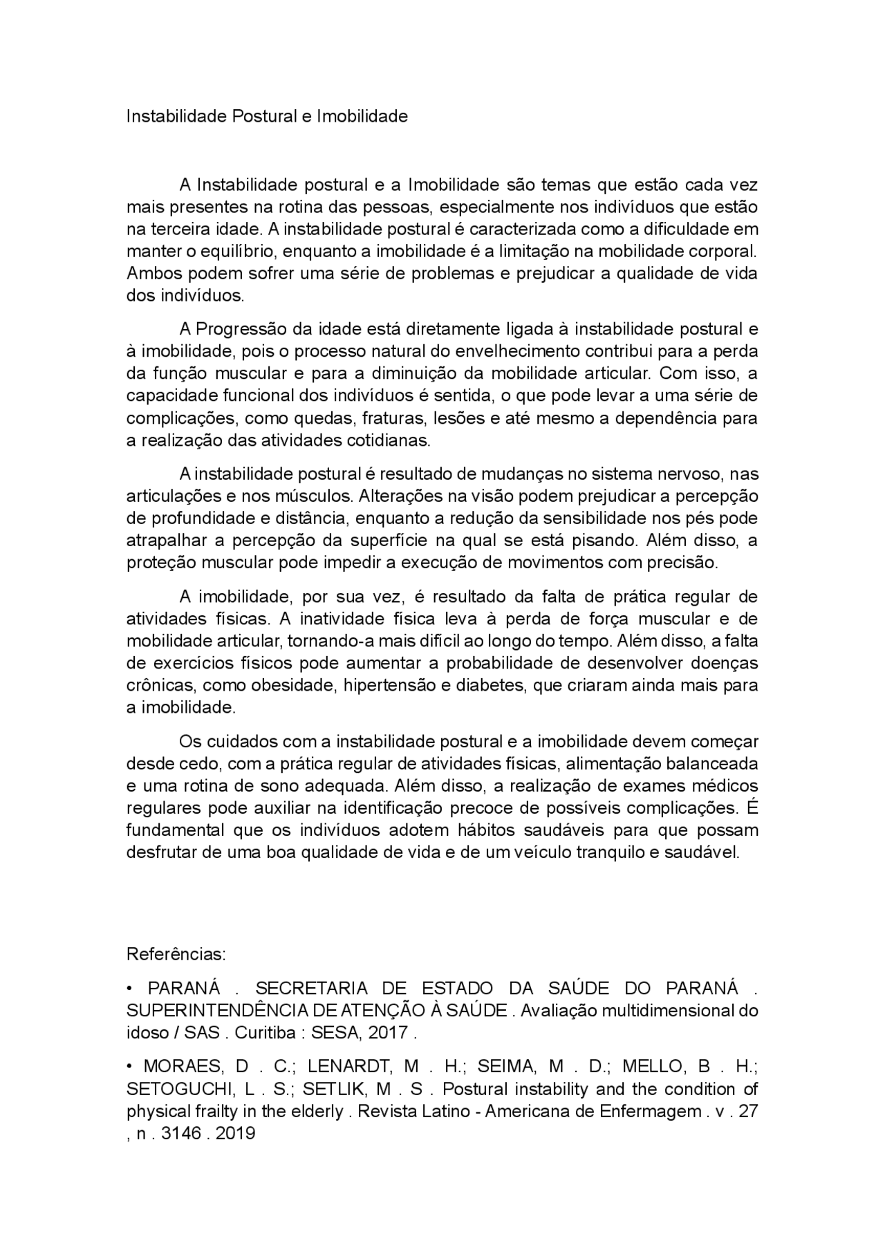 Instabilidade Postural e Imobilidade | Resumos Fisioterapia | Docsity