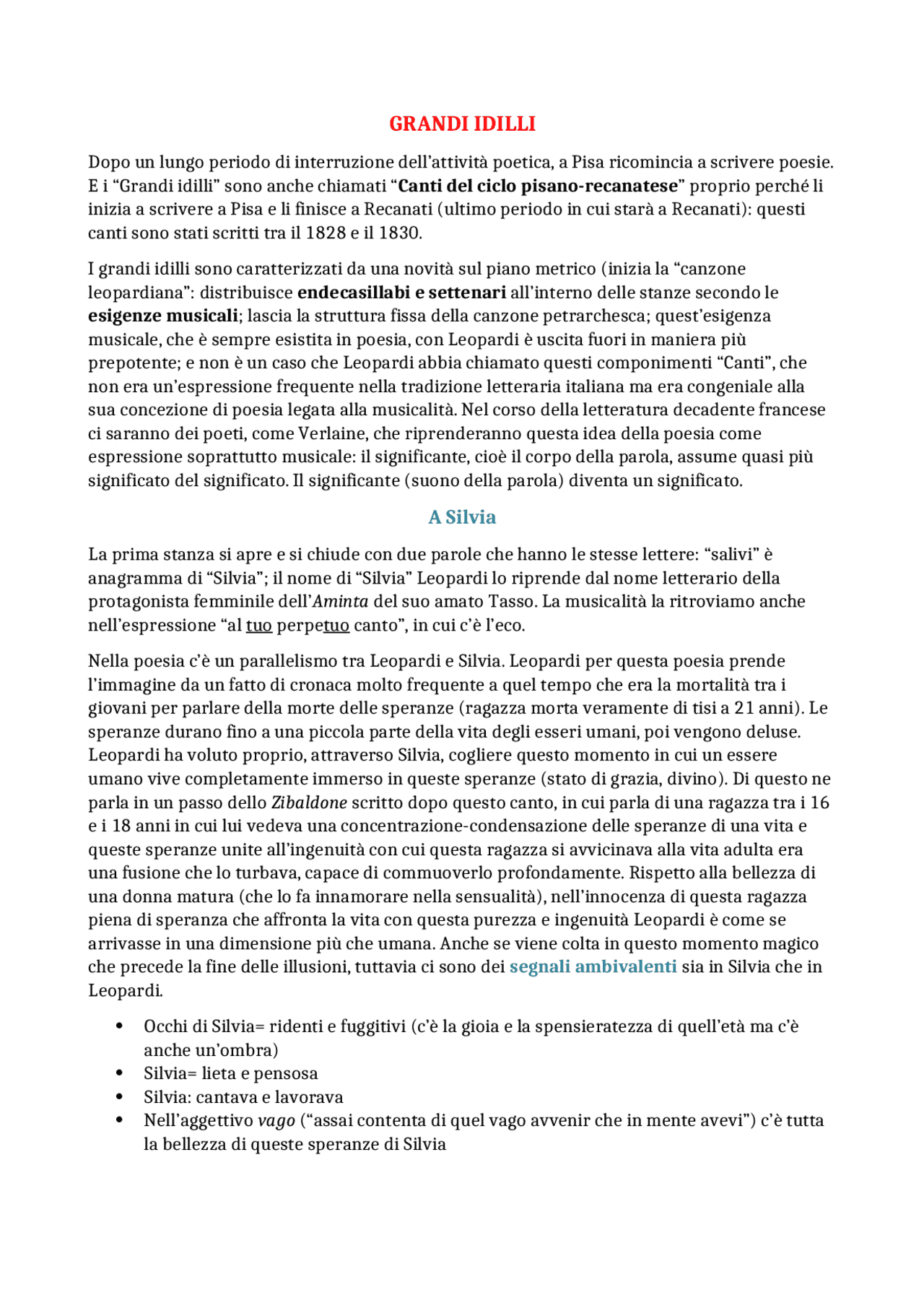 Grandi Idilli Leopardi | Appunti di Italiano | Docsity
