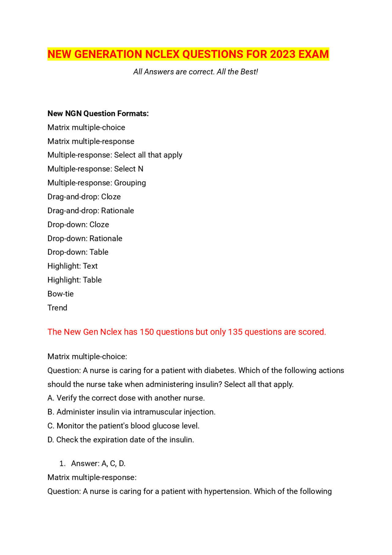 NEW_GENERATION_NCLEX_QUESTIONS_FOR_2023_EXAM | Exams Nursing | Docsity