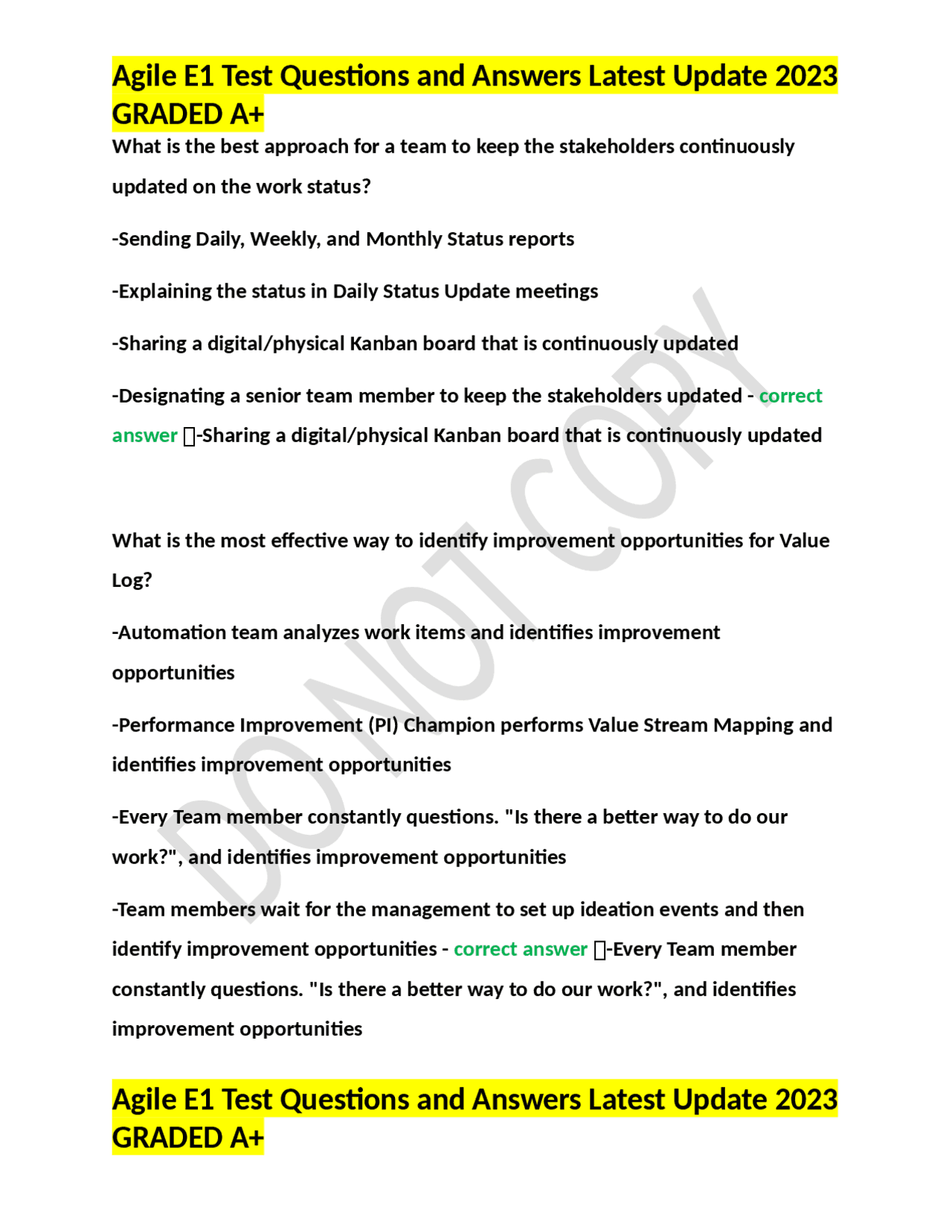 Agile E1 Test Questions and Answers Latest Update 2023 GRADED A+ ...