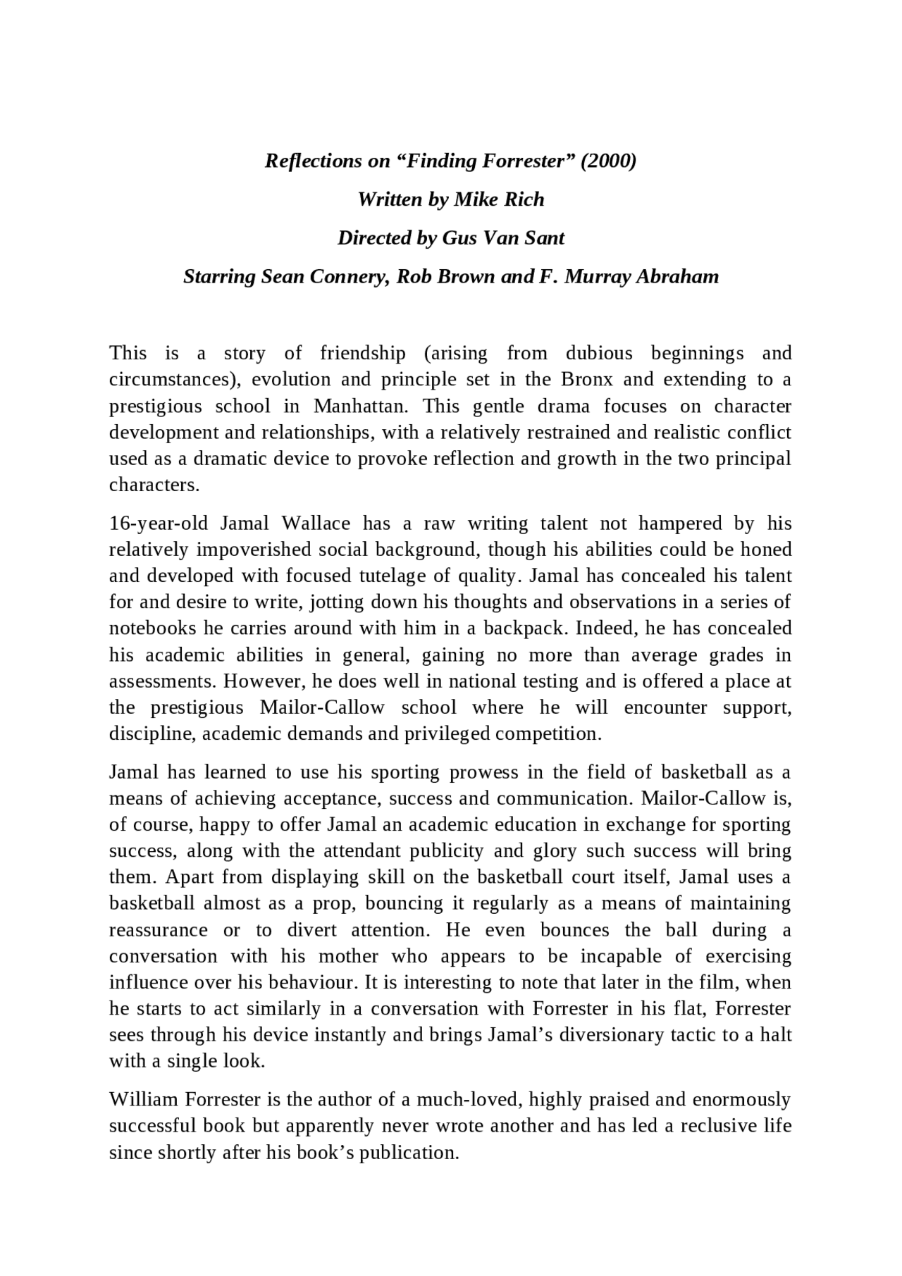 Film review: Reflections on characters and themes in “Finding Forrester ...