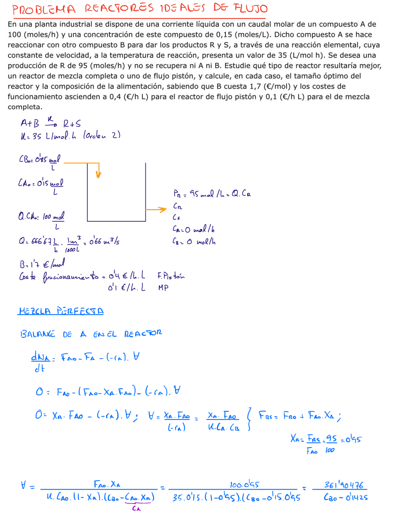 Problema_reactores_ideales_de_flujo | Ejercicios de Química | Docsity