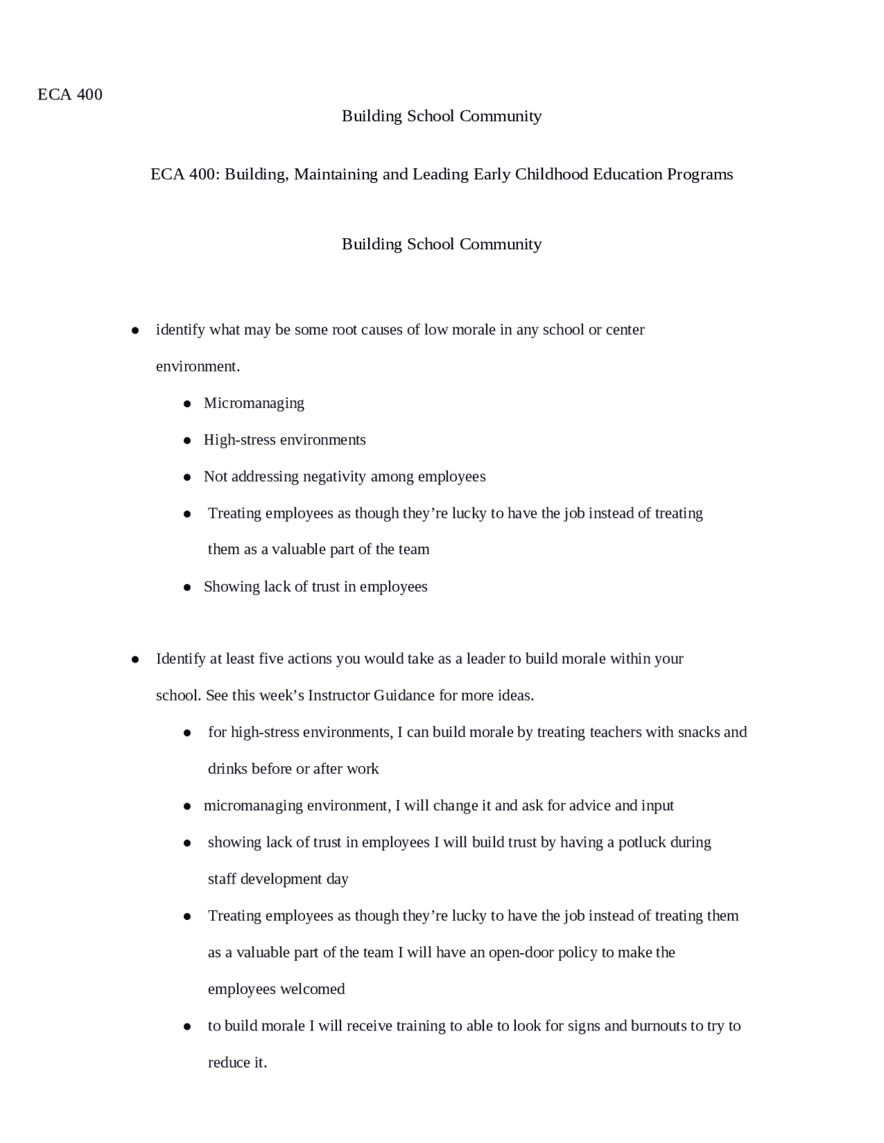 ECA 400 Building School Community ECA 400: Building, Maintaining and ...