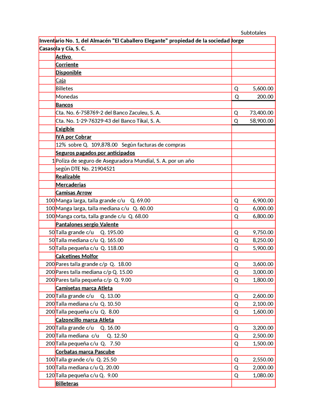 Inventario de contabilidad | Ejercicios de Historia | Docsity