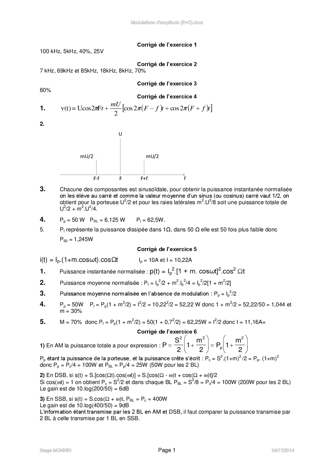 Télécommunication exercises correction | Exercices Télécommunication de la Communication | Docsity