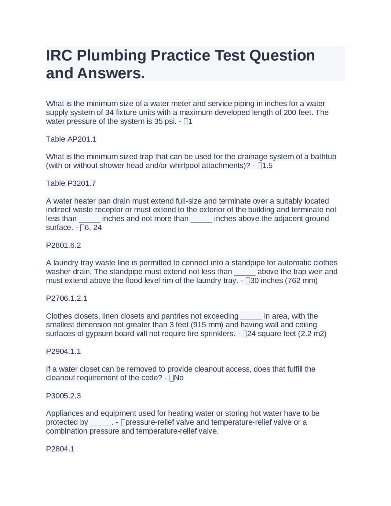 IRC Plumbing Practice Test Question and Answers. | Exams Engineering ...