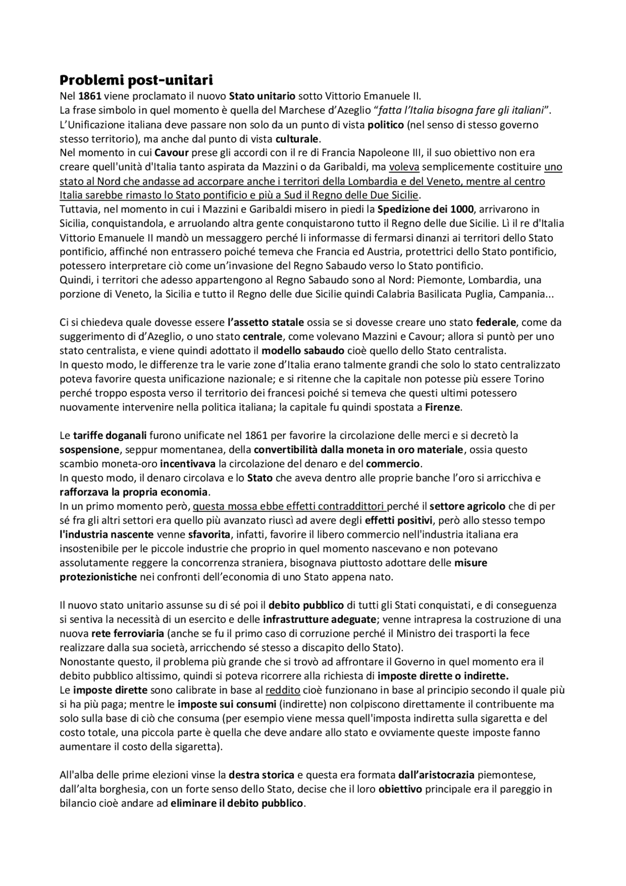 Problemi Italia Post-Unitaria | Appunti di Storia | Docsity